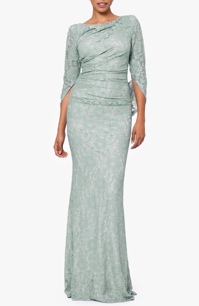 Betsy & Adam Drape Back Cape Sleeve Lace Trumpet Gown | Nordstromrack