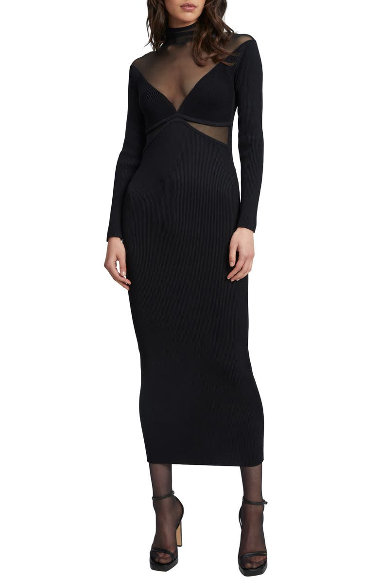 Bardot Mesh Inset Long Sleeve Ribbed Body-Con Dress | Nordstromrack