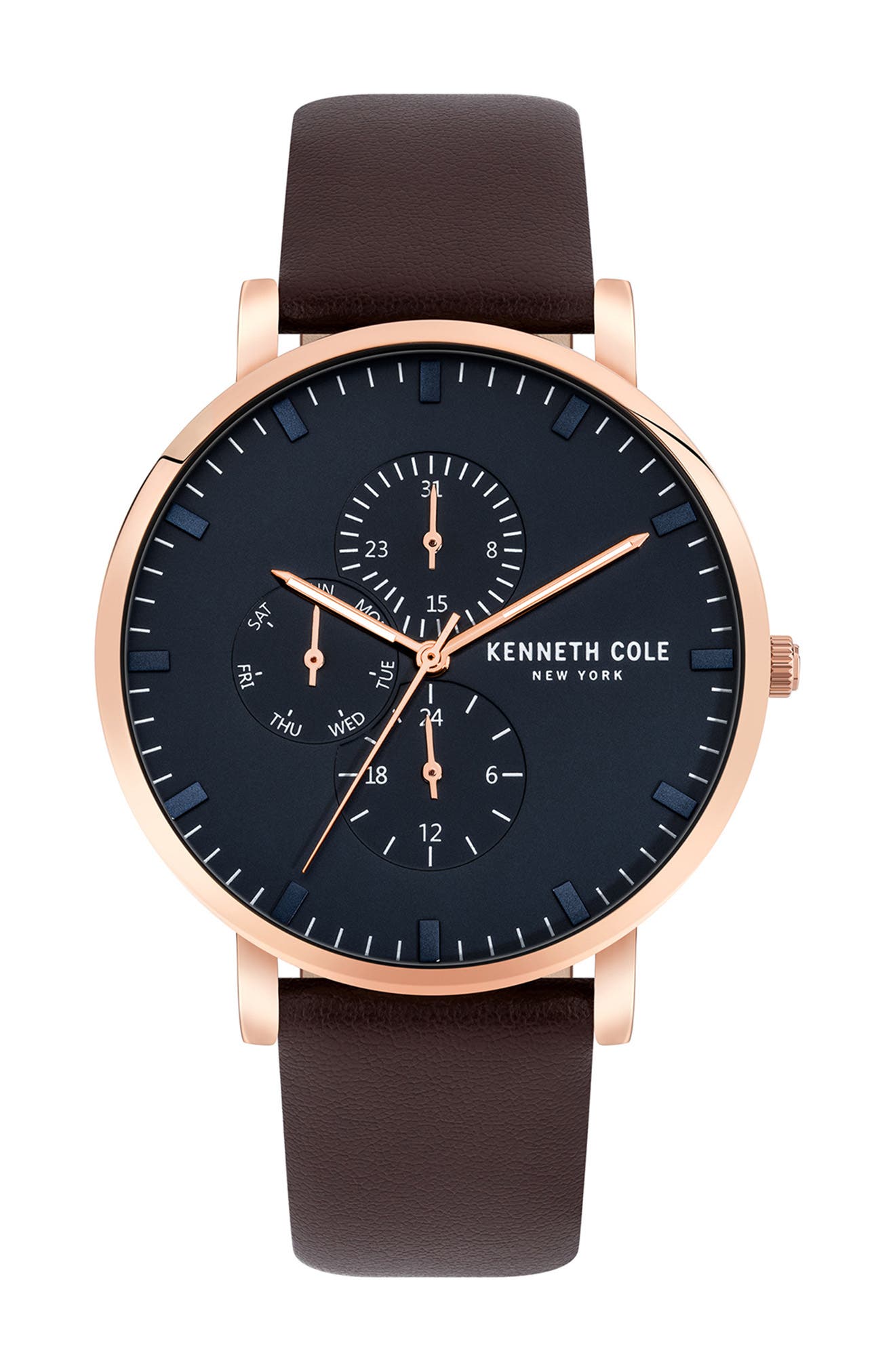 Kenneth Cole New York Men's Multifunction Leather Strap Watch, 42mm ...