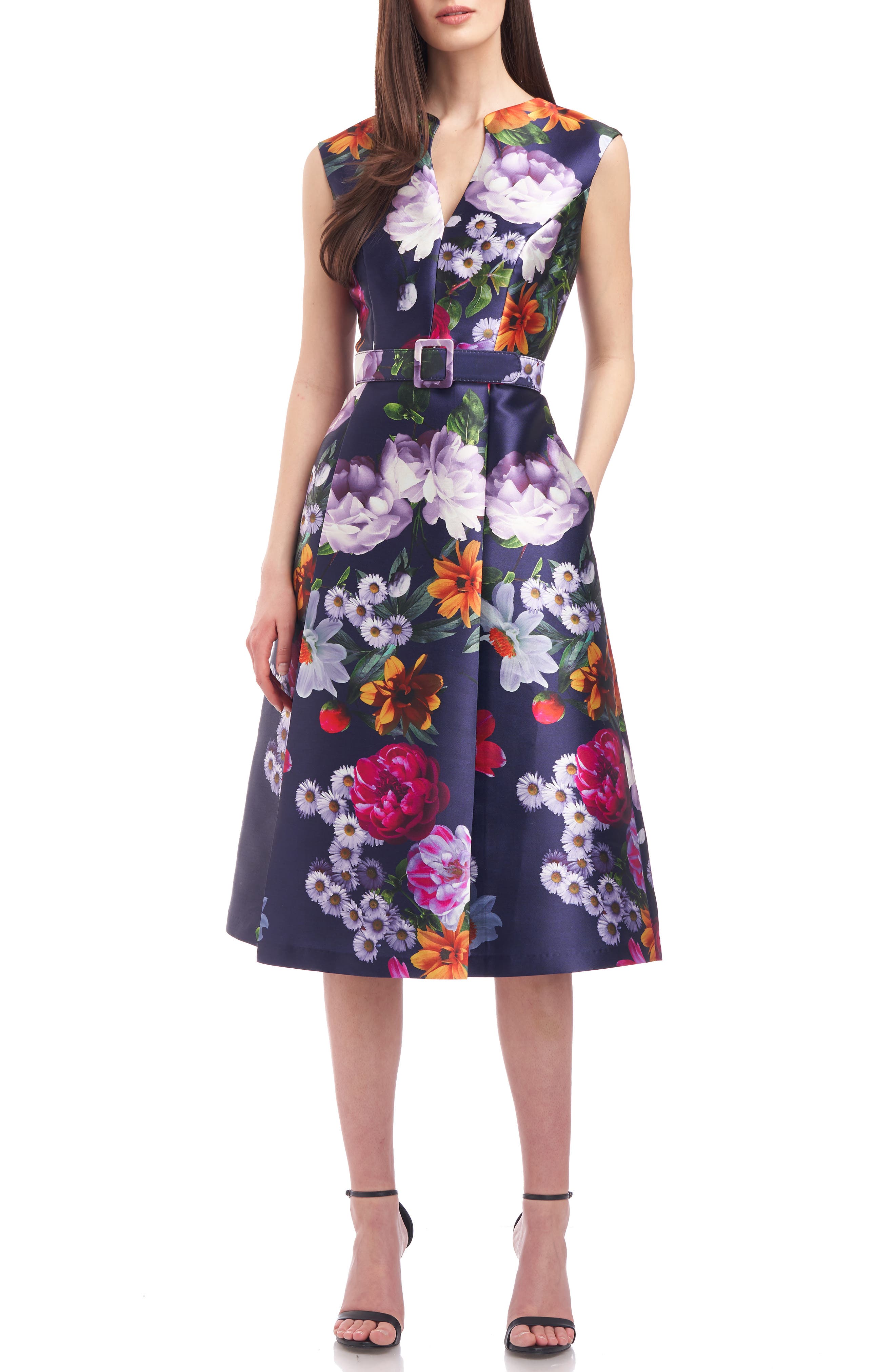 Kay Unger Elease Floral Print Belted Jacquard Dress | Nordstromrack