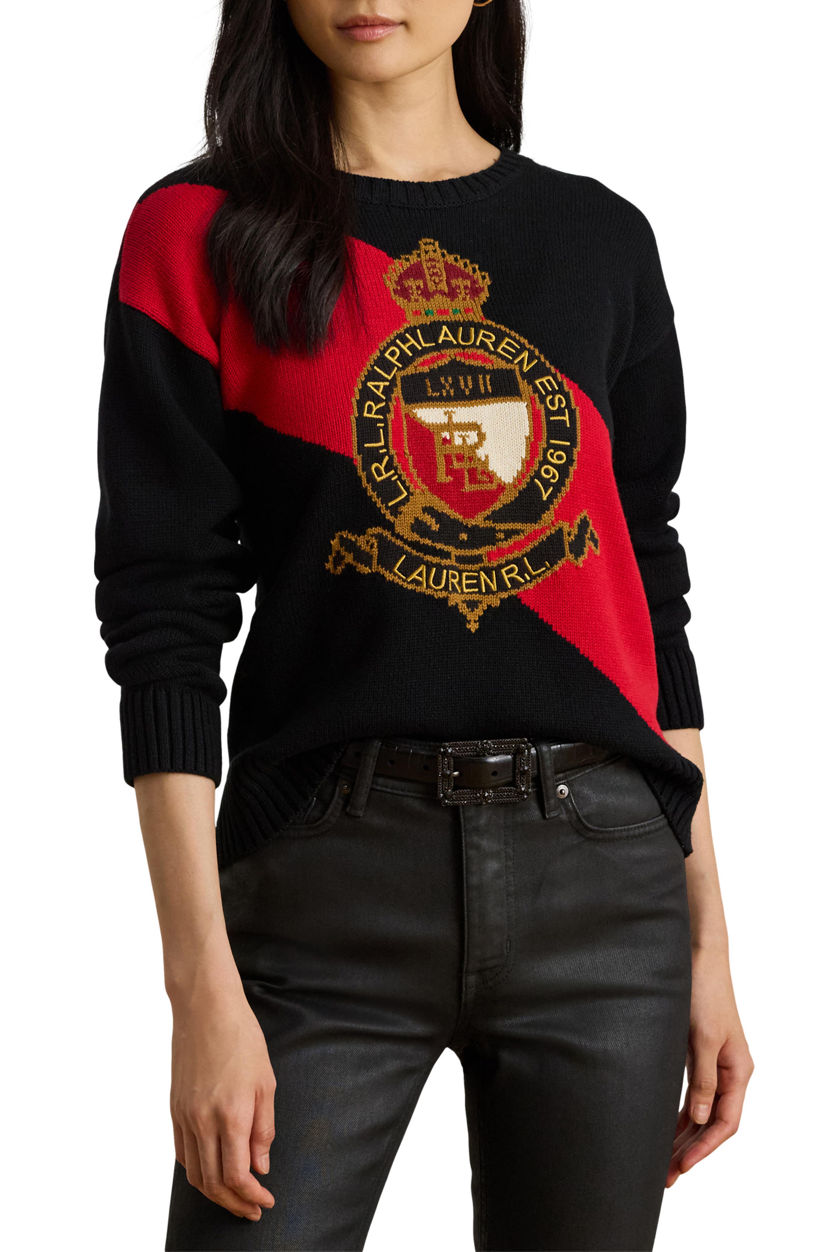 Lauren Ralph Lauren Colorblock Embroidered Crest Cotton Sweater | Nordstrom