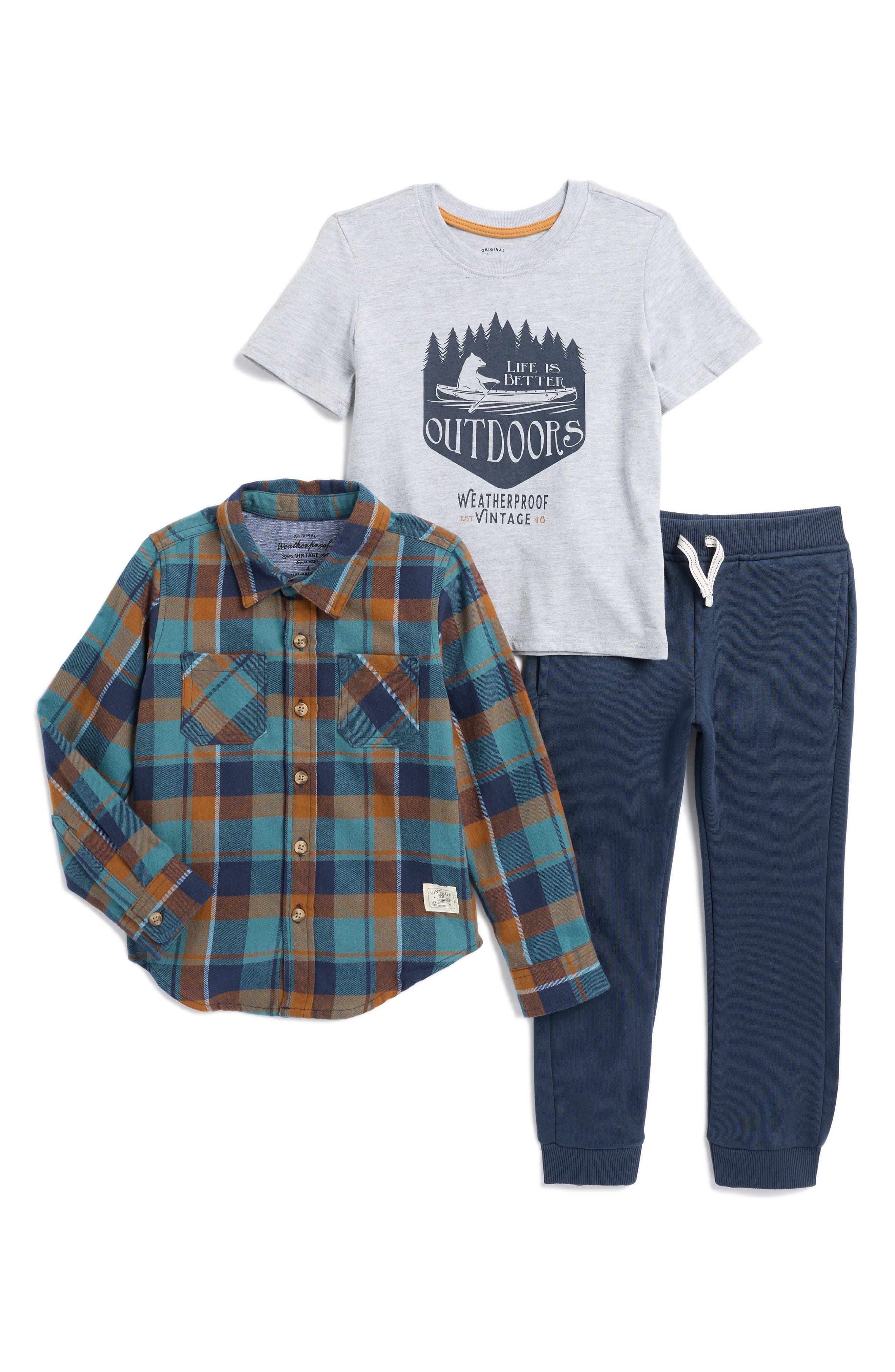 Weatherproof® Kids' Graphic T-Shirt, Plaid Button-Up Shirt & Joggers ...