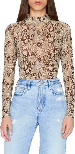 FRAME Snakeskin Print Mesh Mock Neck Top | Nordstrom