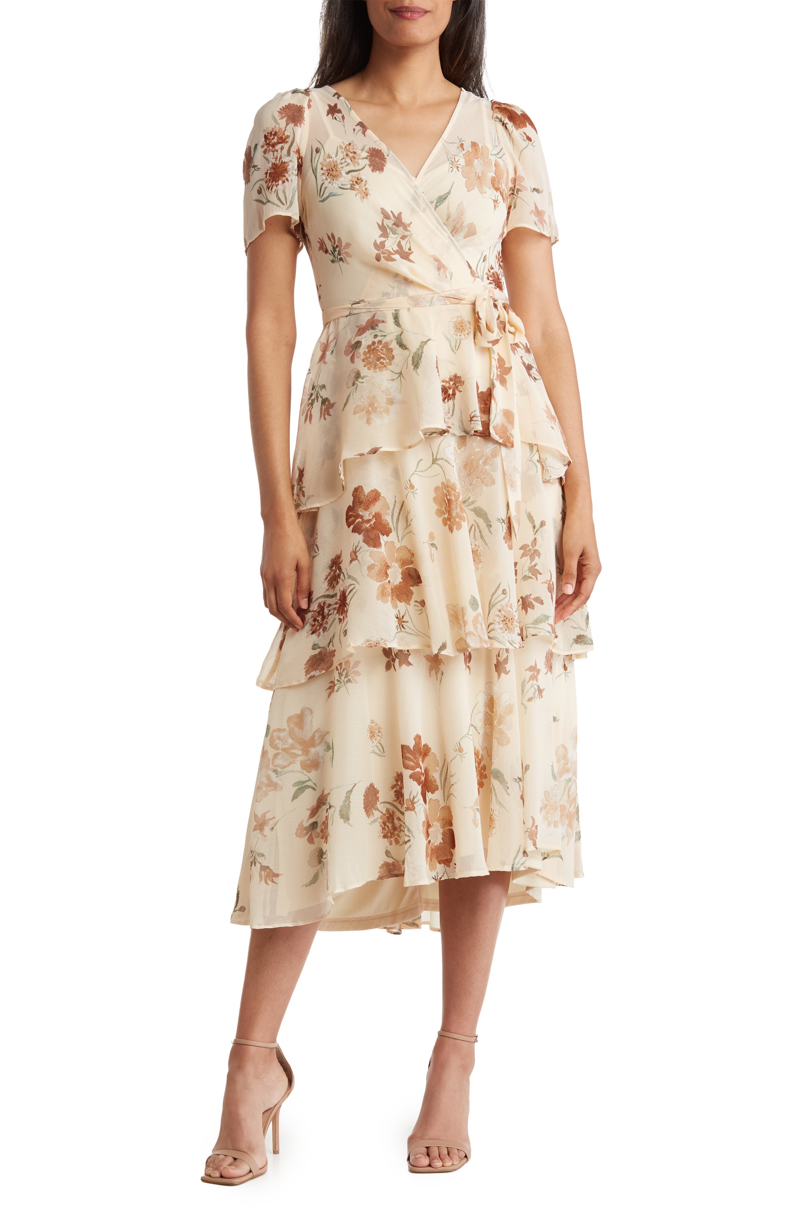 Calvin Klein Floral Short Sleeve Tiered Chiffon Maxi Dress | Nordstromrack