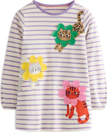 Mini Boden Kids' Stripe Cat Appliqué Long Sleeve Graphic Tunic | Nordstrom