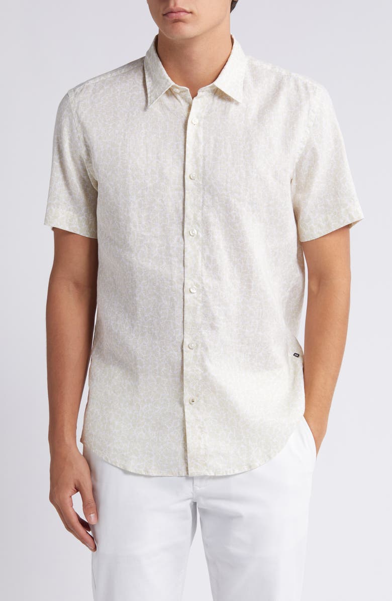 BOSS Liam Leaf Print Short Sleeve Stretch Linen Button-Up Shirt ...
