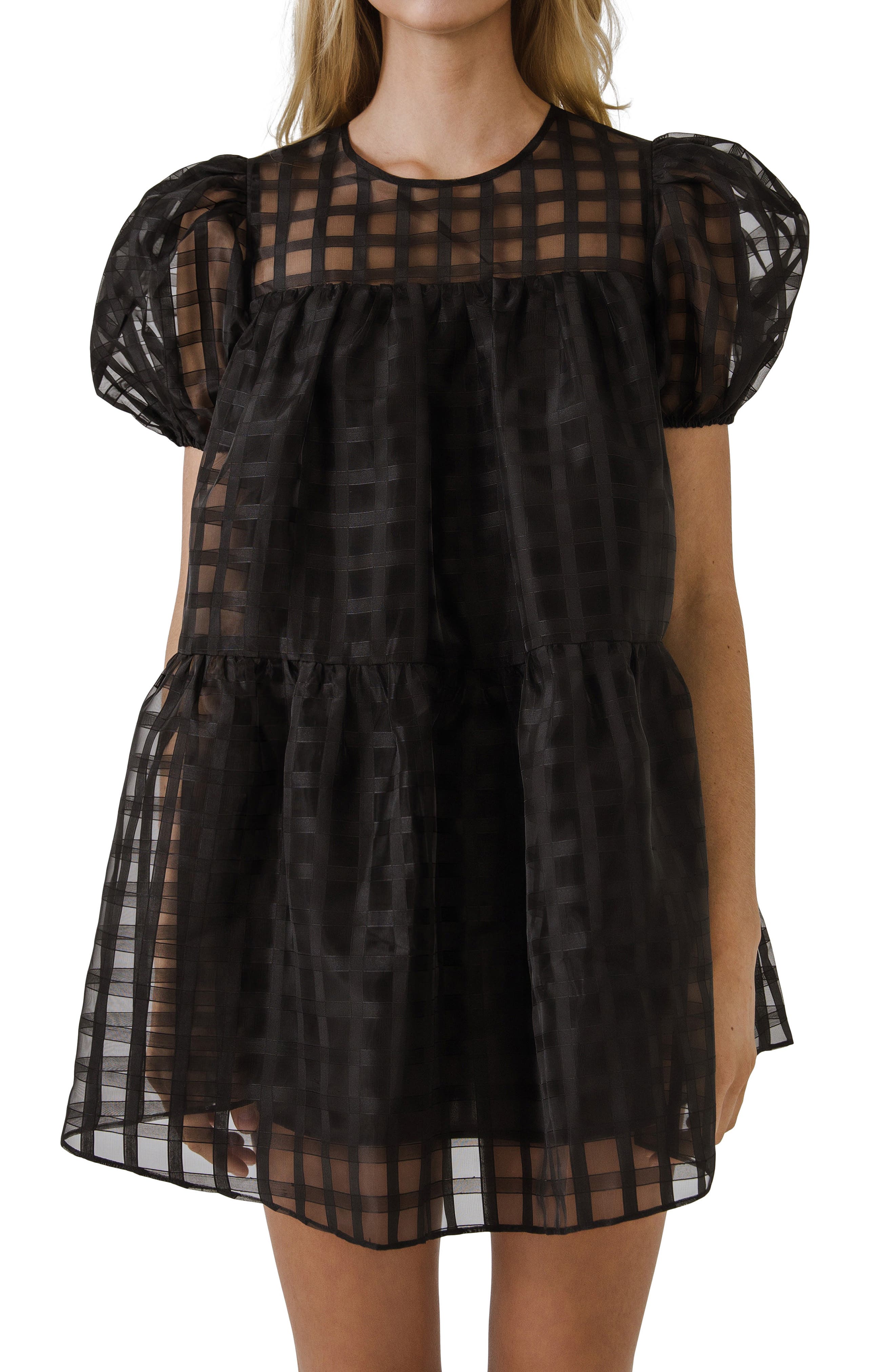 English Factory Gridded Puff Sleeve Dress | Nordstromrack