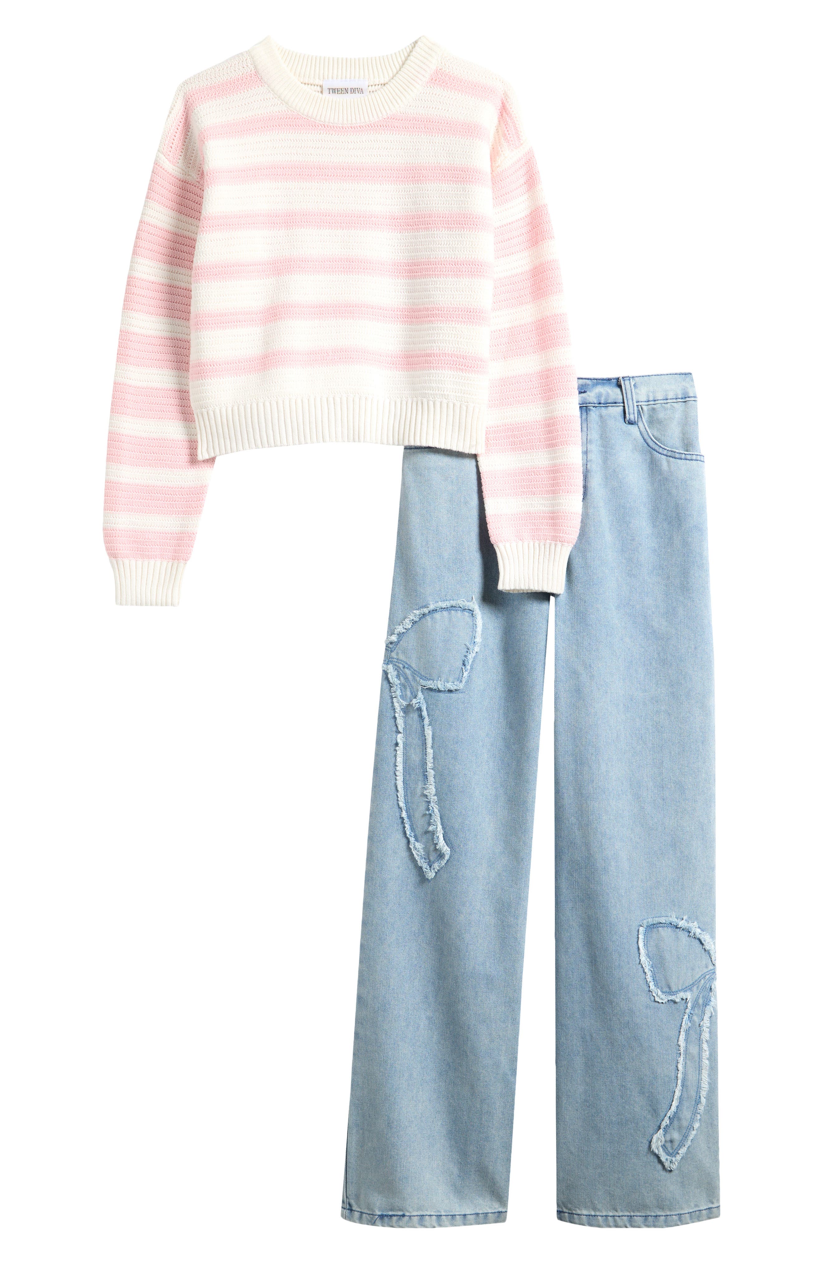 Tween Diva Kids' Stripe Sweater & Wide Leg Jeans Set | Nordstromrack