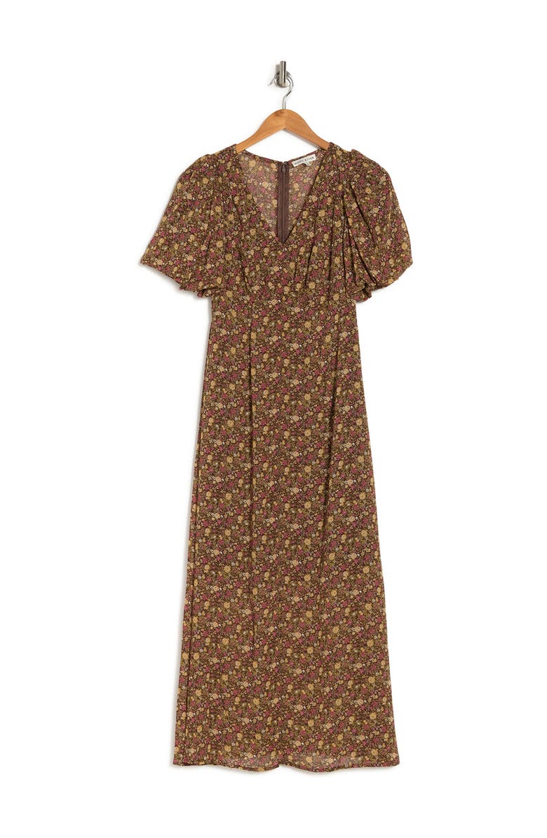 MOON RIVER Puff Sleeve Floral Print Midi Dress | Nordstromrack