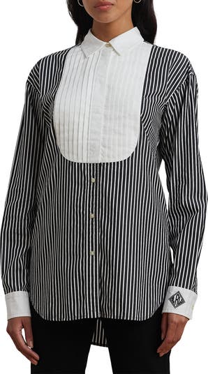 Lauren Ralph Lauren Stripe Pintucked Long Sleeve Button-Up Tunic Shirt | Nordstromrack