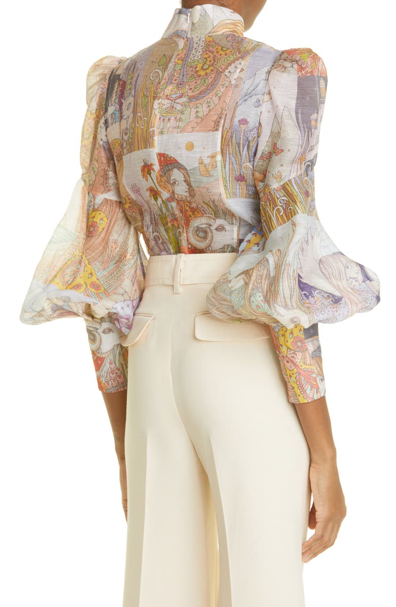 Zimmermann Zodiac Print Puff Sleeve Linen & Silk Blouse | Nordstrom