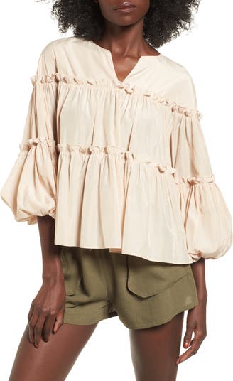 MOON RIVER Ruffled Balloon Sleeve Babydoll Top | Nordstrom