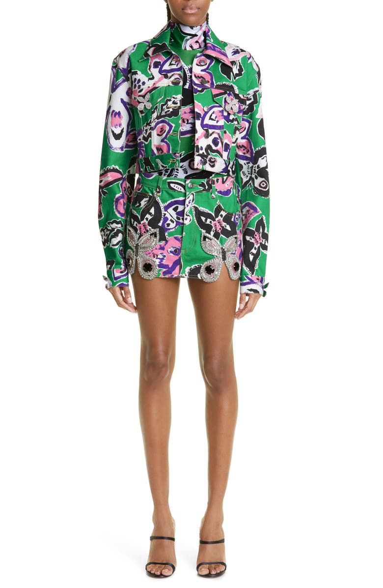 Area Butterfly Print Crystal Detail Denim Trucker Jacket | Nordstromrack