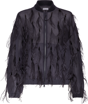 Brunello Cucinelli Crispy silk bomber jacket with dazzling feather ...