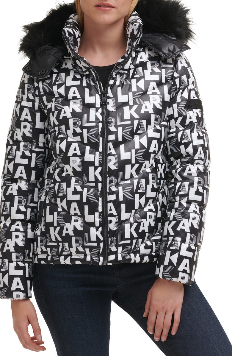 KARL LAGERFELD PARIS Logo Print Faux Fur Hood Puffer Jacket | Nordstromrack