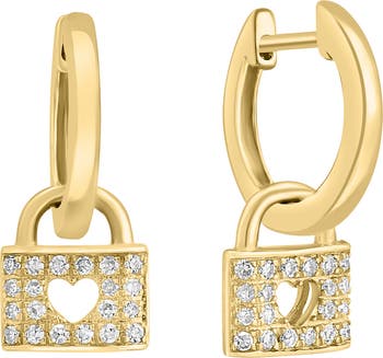 EFFY 14K Yellow Gold Pavé Diamond Lock Charm Huggie Hoop Earrings - 0 ...