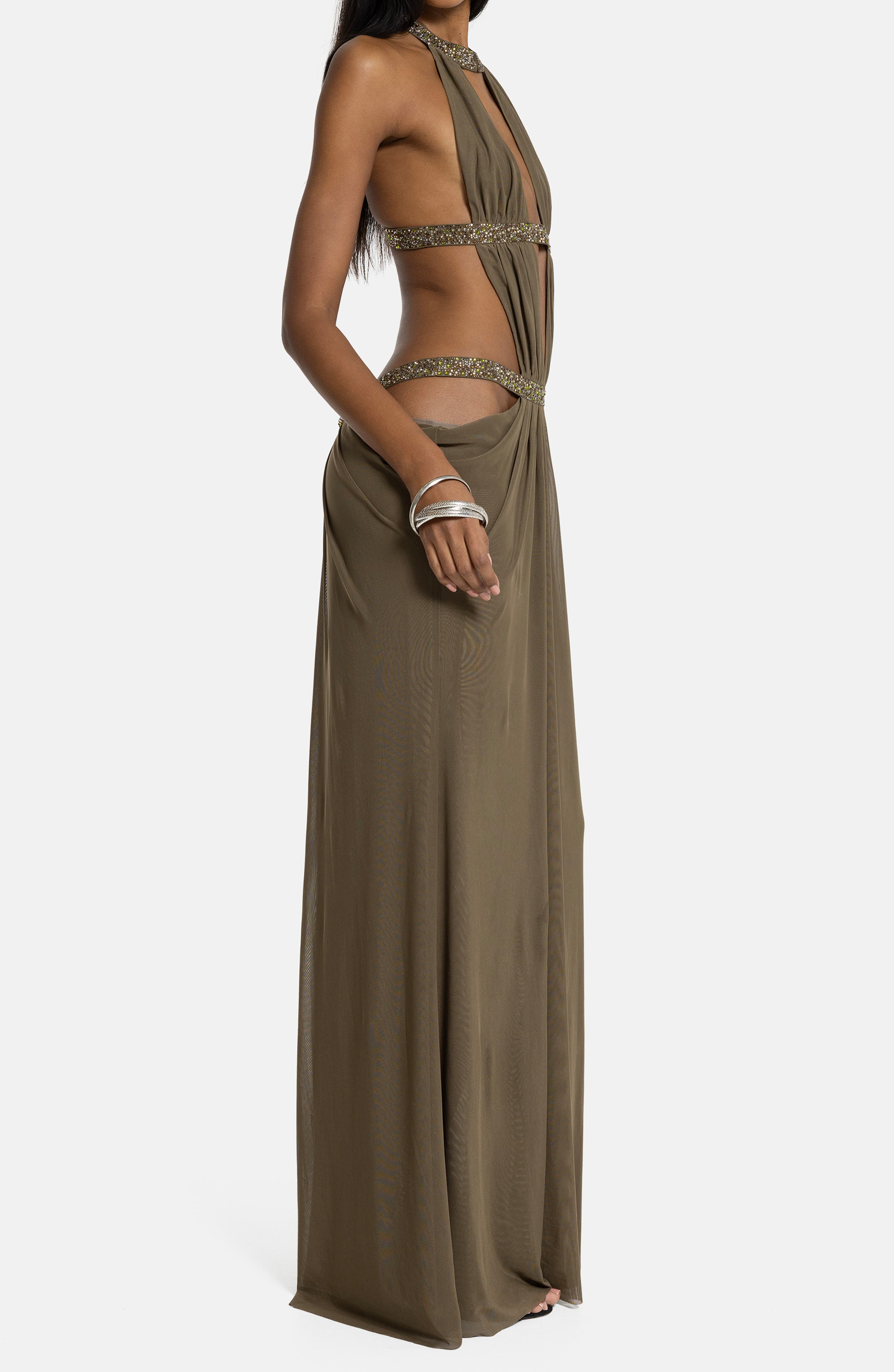 JADED LONDON Bead Detail Plunge Neck Open Back Maxi Dress | Nordstrom