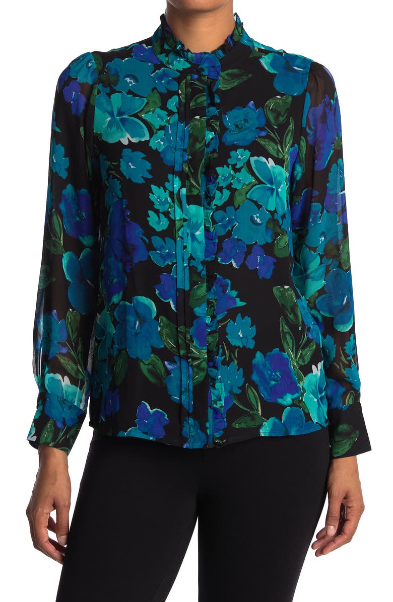 Calvin Klein Long Sleeve Floral Print Ruffle Woven Shirt | Nordstromrack