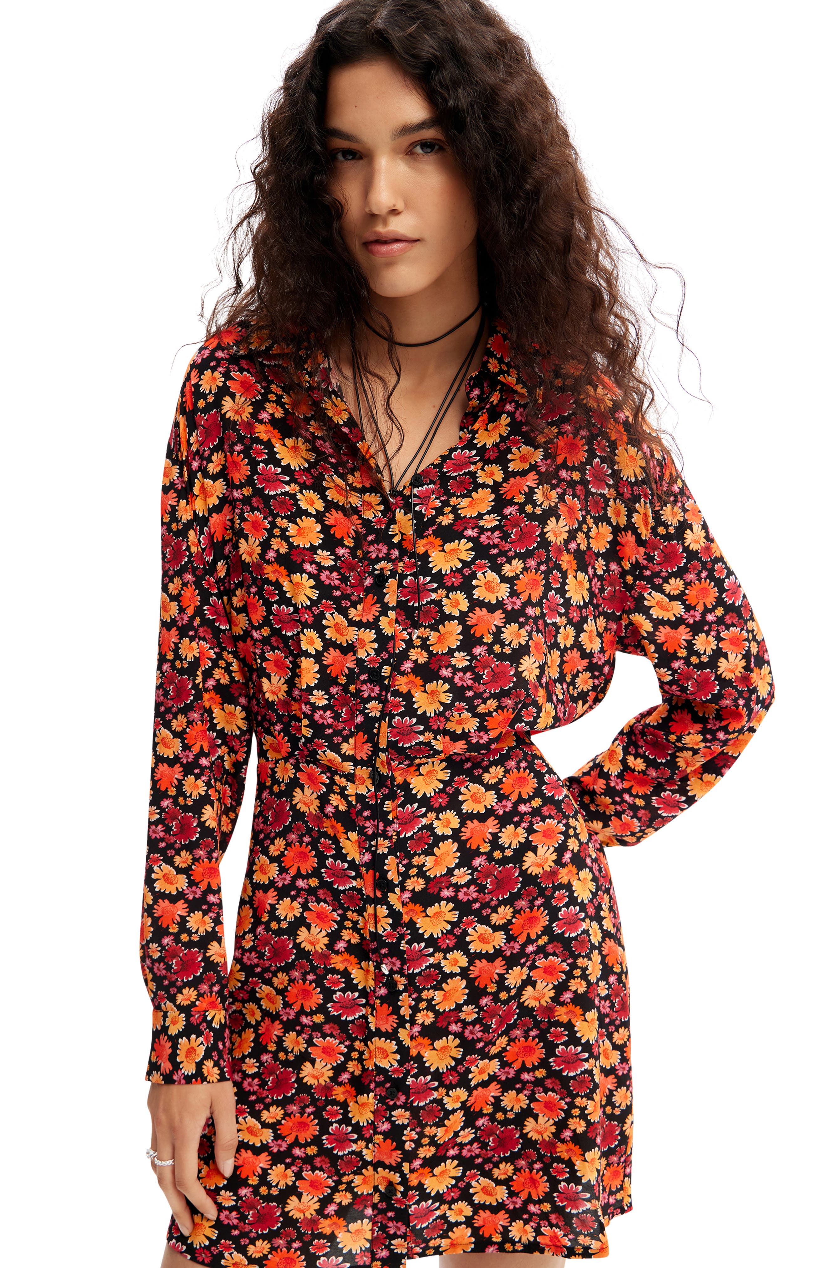 Desigual Yesh Floral Long Sleeve Mini Shirtdress | Nordstromrack