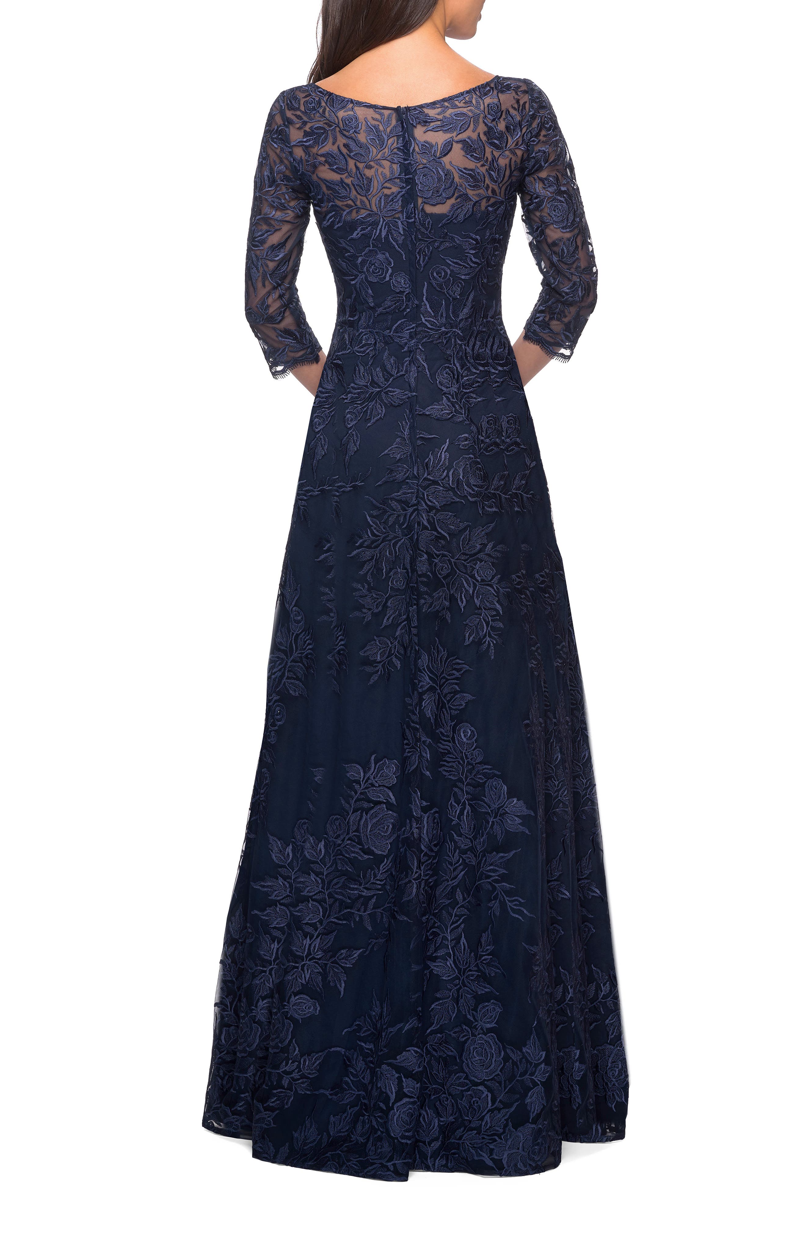 Long Lace A-line Three Quarter Sleeve Gown (Women) | Nordstrom