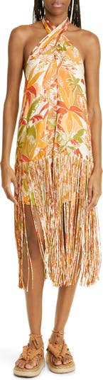 FARM Rio Leopard Forest Sand Fringe Halter Minidress | Nordstromrack