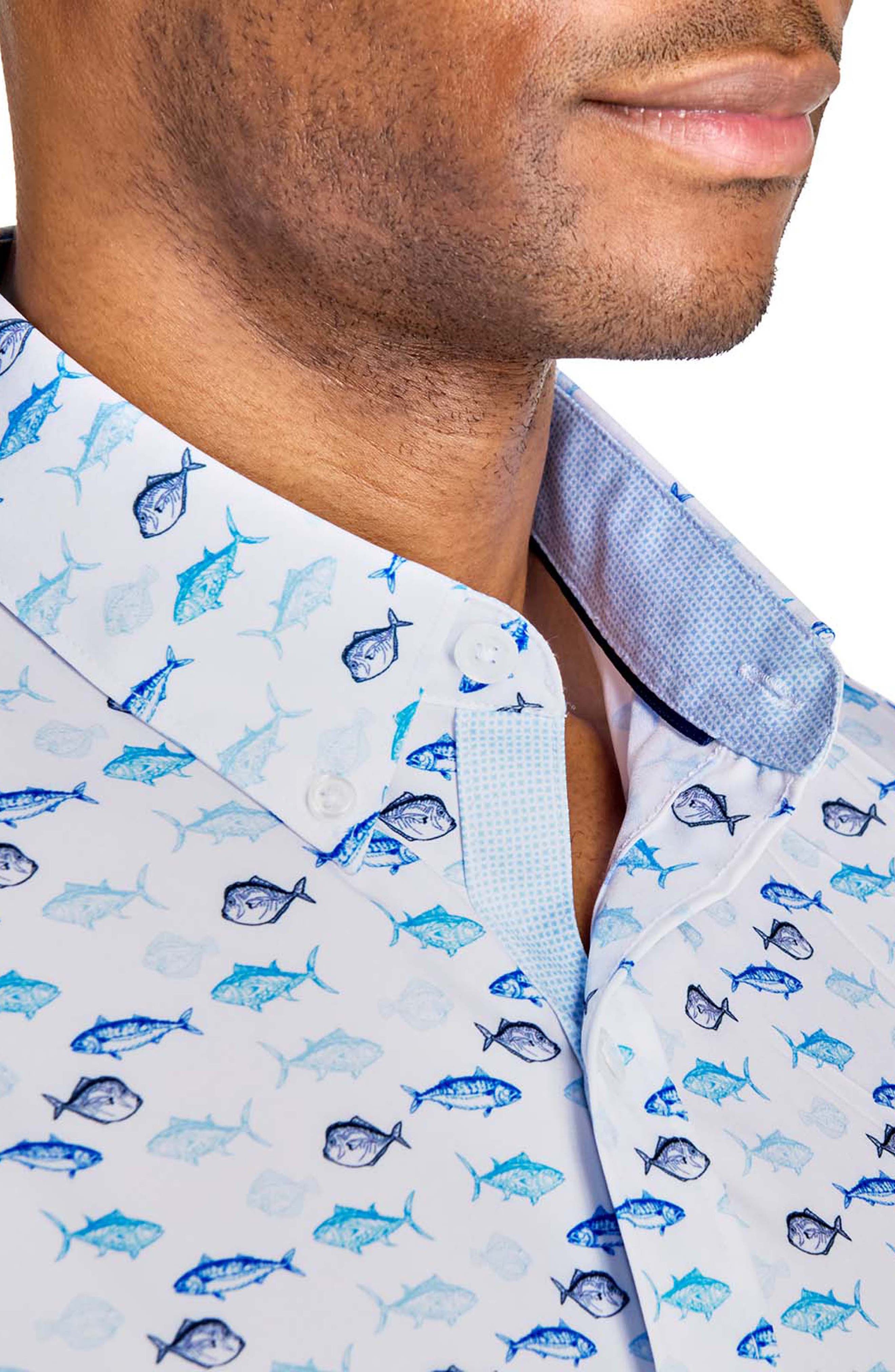 CONSTRUCT Fish Print Short Sleeve Stretch Button-Down Shirt | Nordstromrack