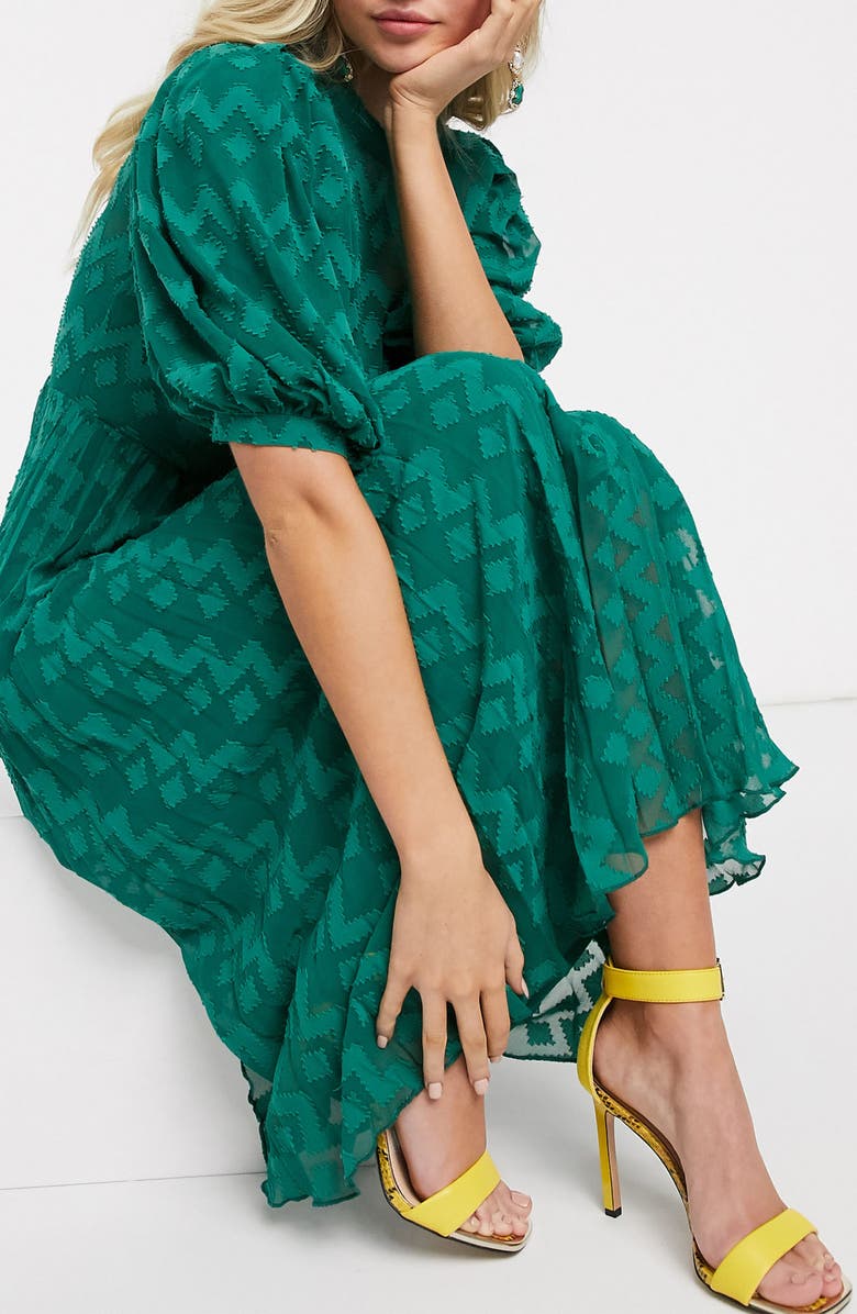 ASOS DESIGN Chevron Puff Sleeve Dobby Chiffon Dress | Nordstrom