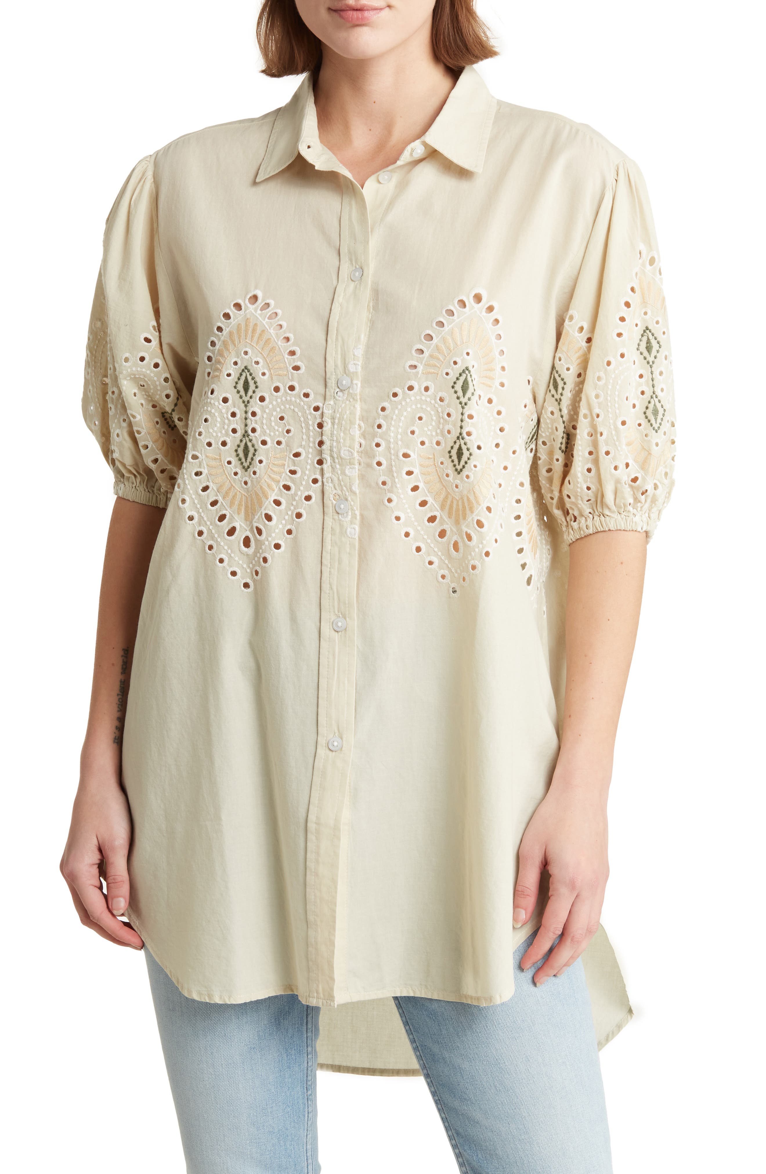 Puff Sleeve Embroidered Eyelet Button-Up Tunic Shirt (Women ...