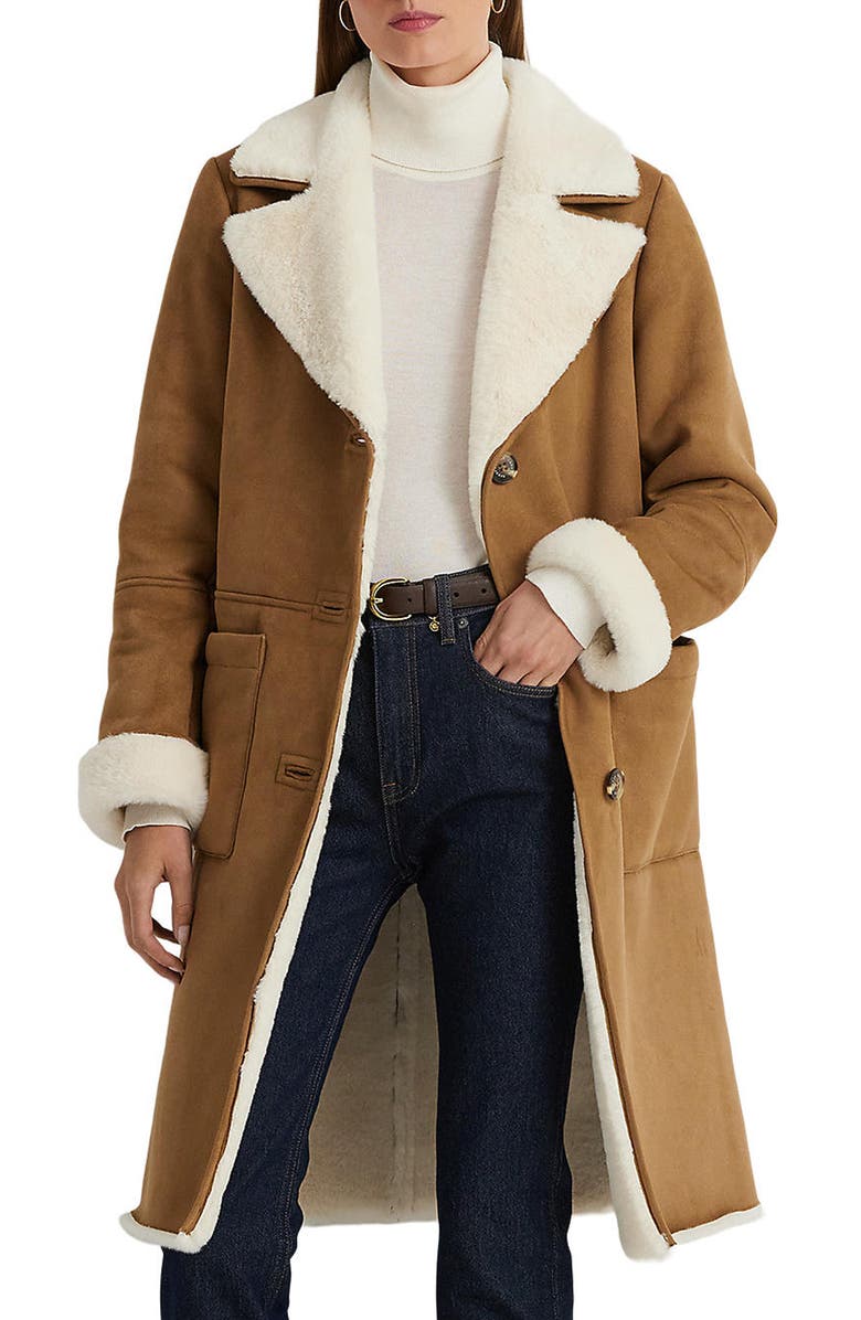 Lauren Ralph Lauren Notch Collar Faux Suede Coat with Faux Shearling ...