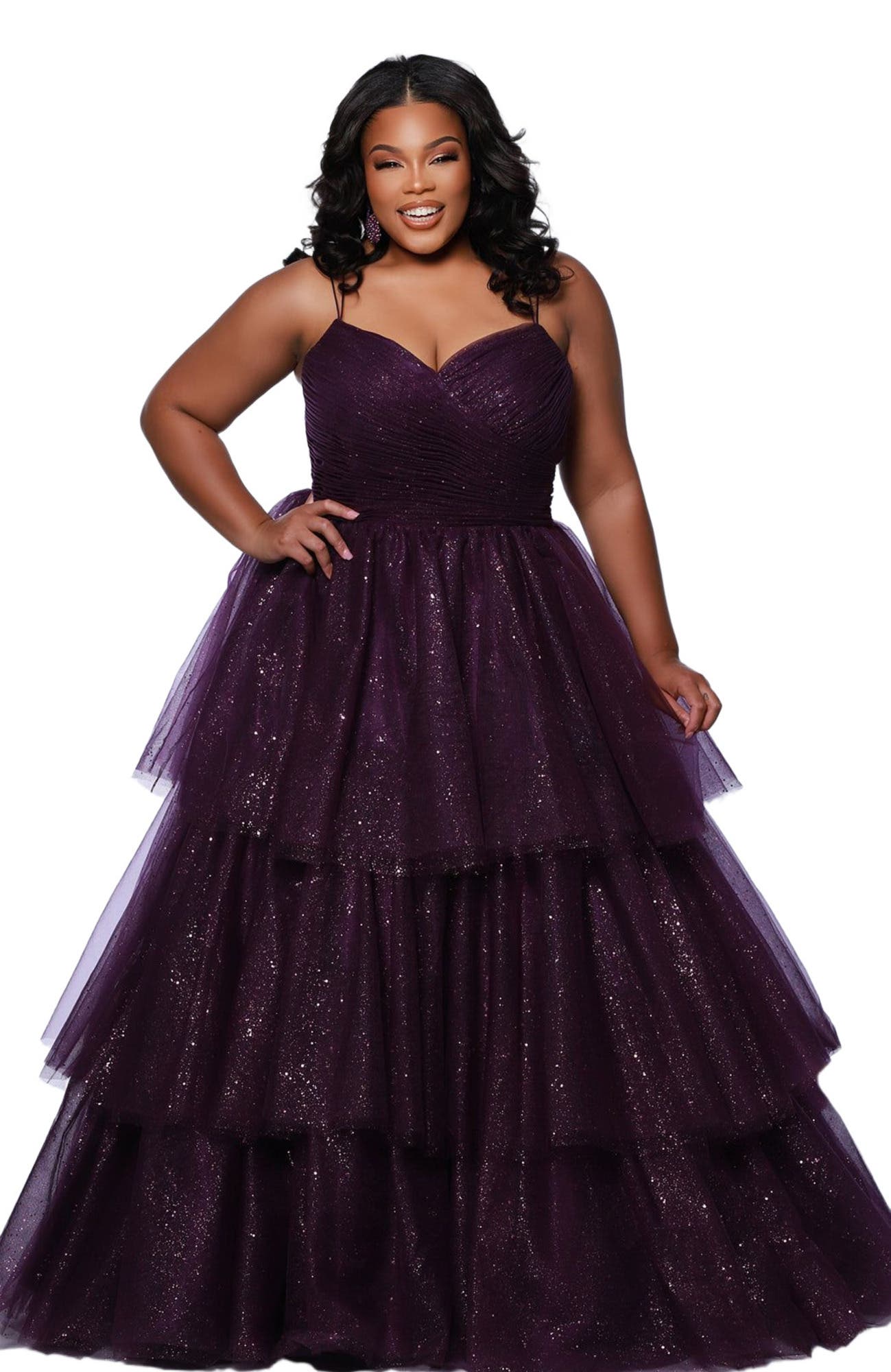 Sydney's Closet Spaghetti Strap Teired Plus Size Ballgown | Nordstrom