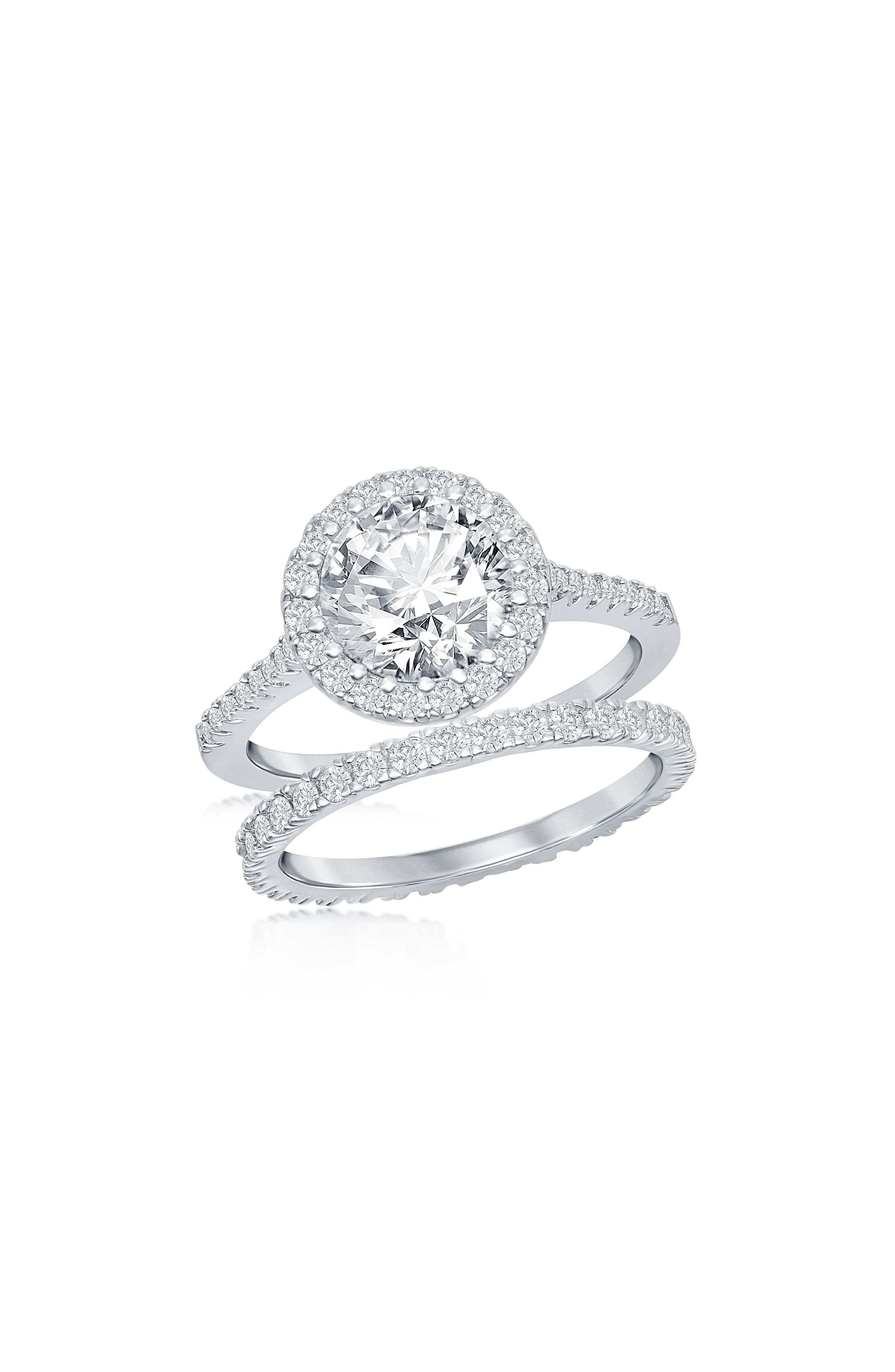 SIMONA Sterling Silver Cubic Zirconia Round Halo & Pavé Band Engagement ...