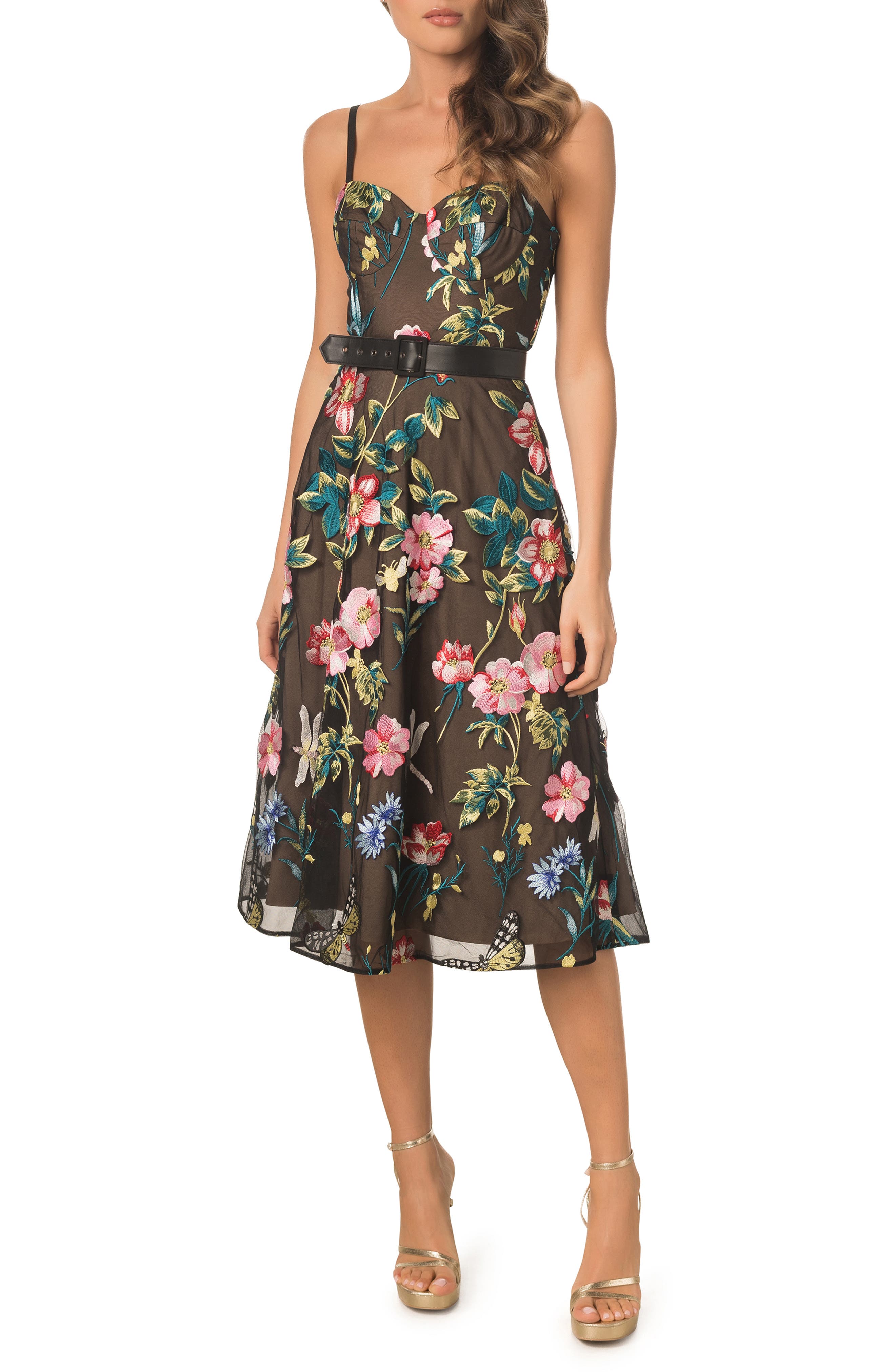 Dress the Population Carlita Floral Embroidery Bustier Midi Dress ...