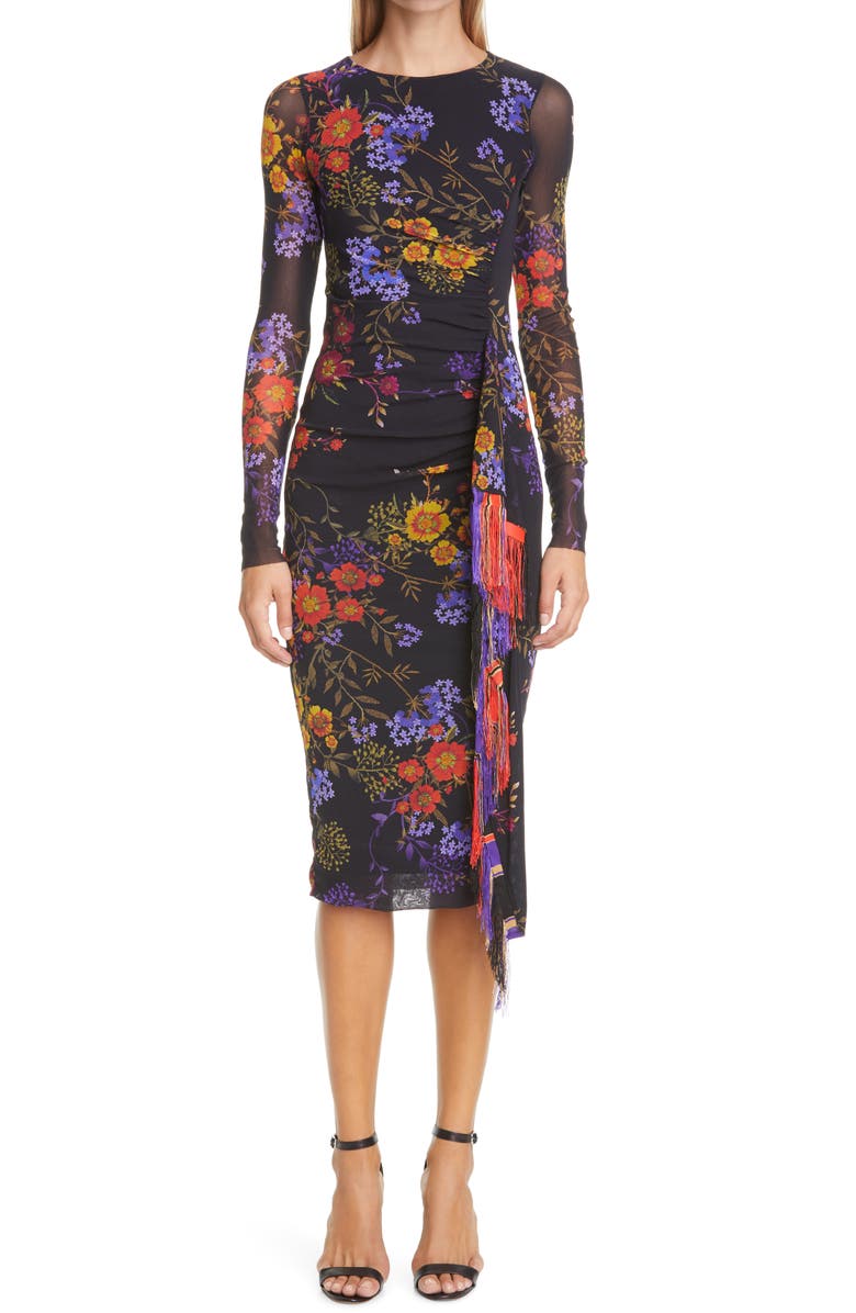 Fuzzi Floral Print Fringe Trim Long Sleeve Mesh Sheath Dress ...
