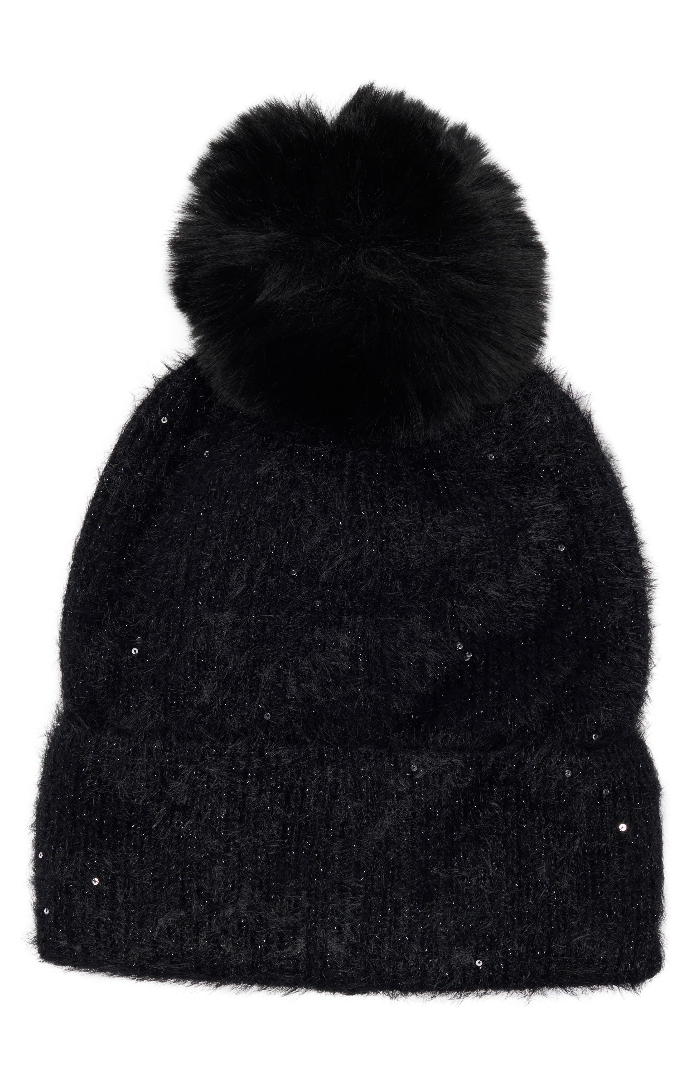 Nanette Lepore Metallic Knit Faux Fur Pom Pom Beanie | Nordstromrack