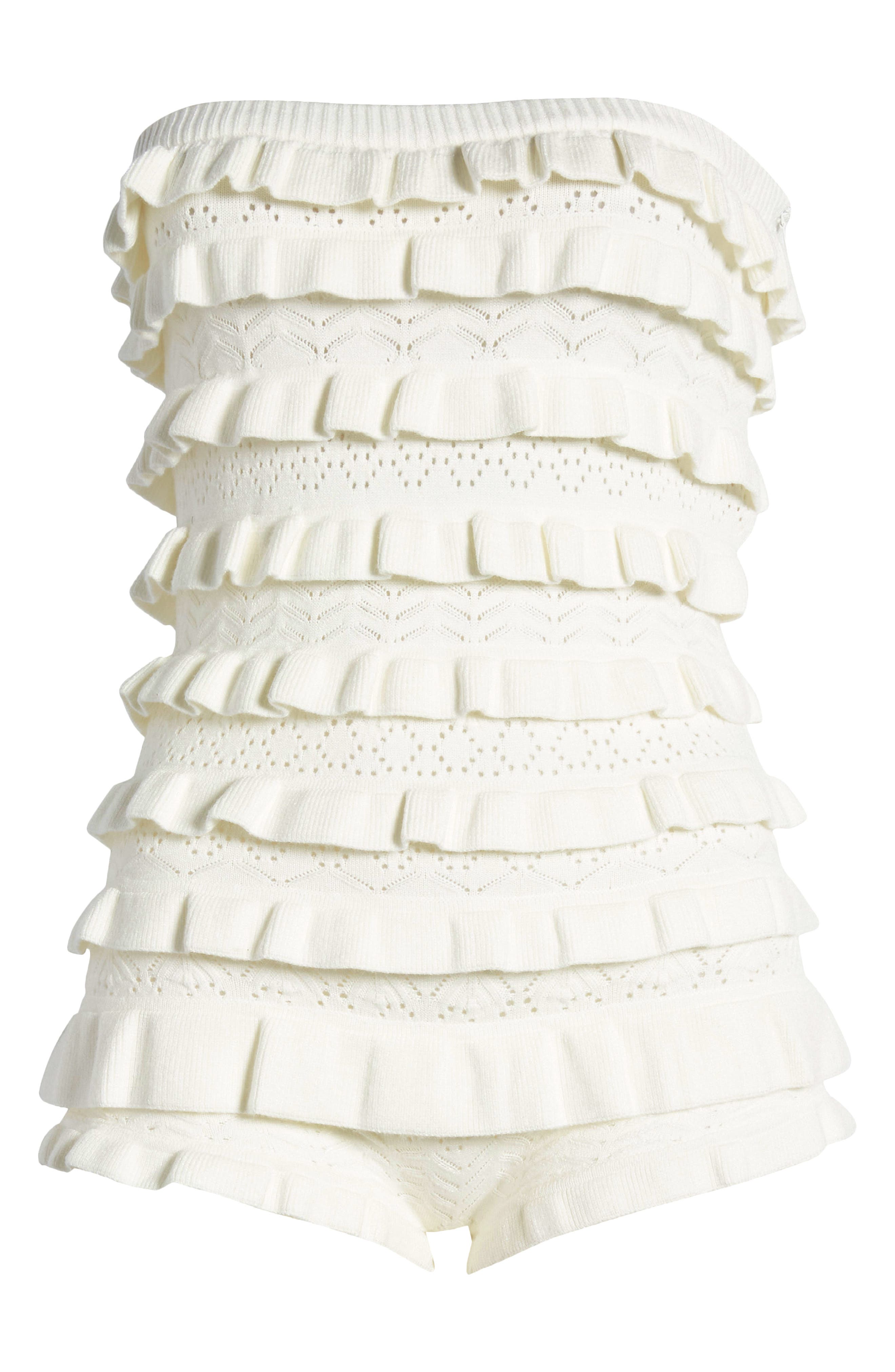 EDIKTED Robin Pointelle Ruffle Strapless Knit Romper | Nordstrom