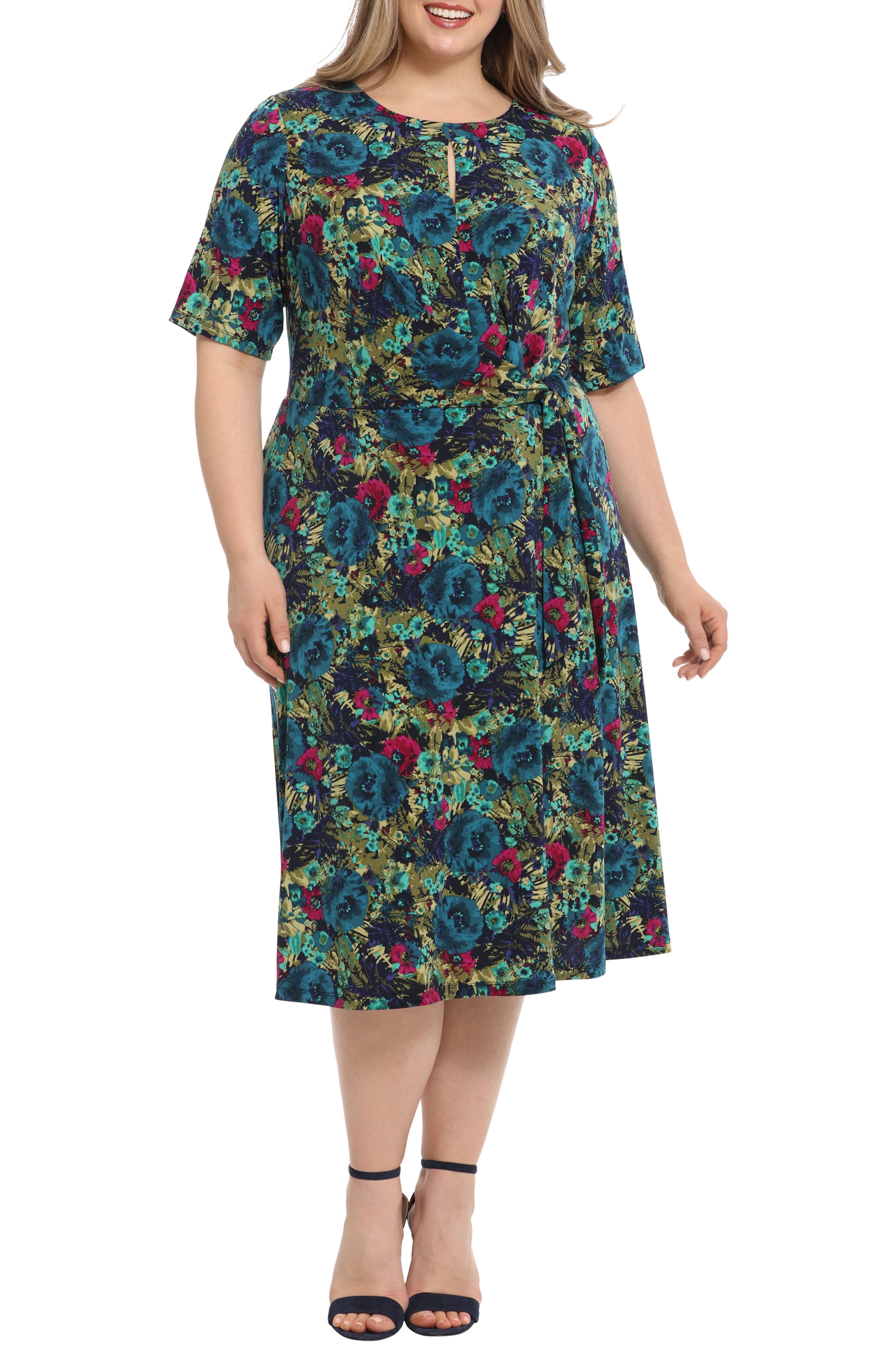 London Times Floral Short Sleeve Tie Waist Dress | Nordstromrack