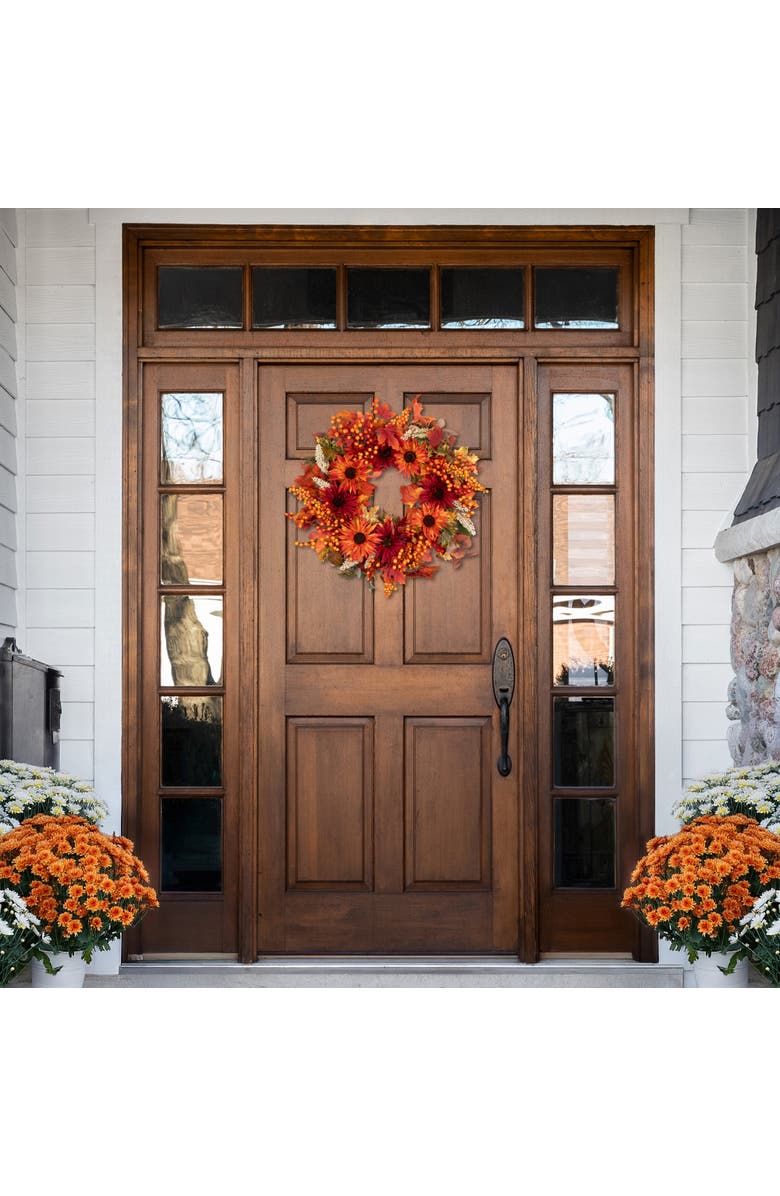 Northlight Mums and Berries with Fiery Foliage Fall Harvest Wreath - 24 ...