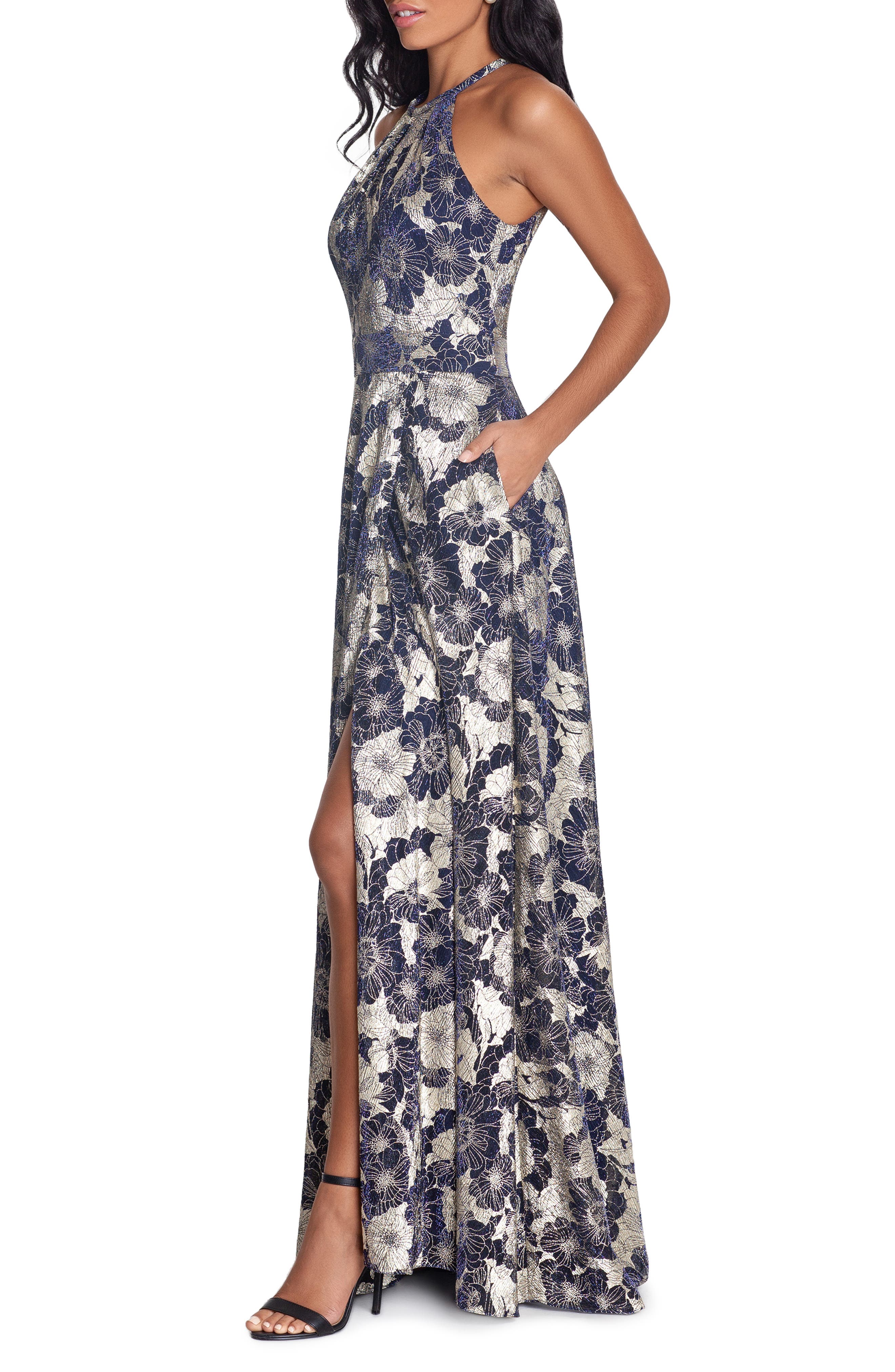Betsy & Adam Metallic Floral Halter Top Gown | Nordstrom