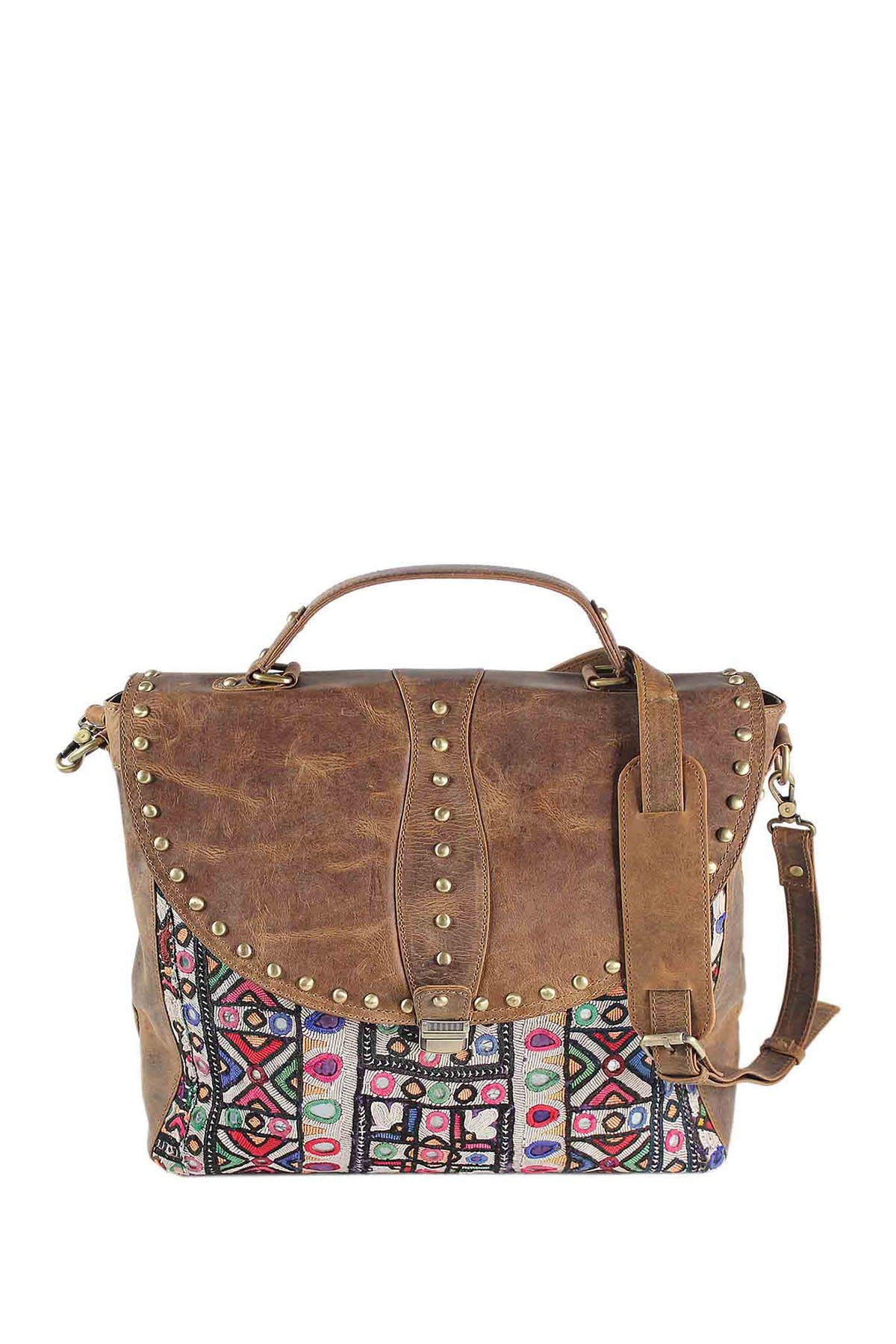 VINTAGE ADDICTION Studded Leather & Vintage Fabric Messenger Bag ...