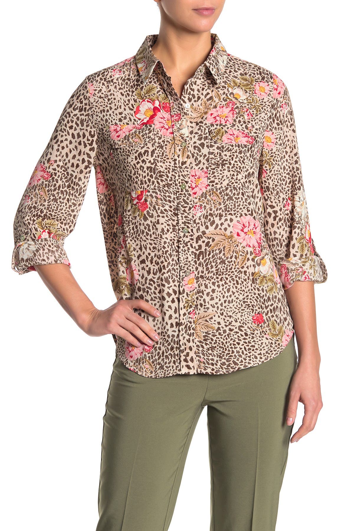 NANETTE NANETTE FOOTWR Floral Cheetah Print Button Front Shirt ...