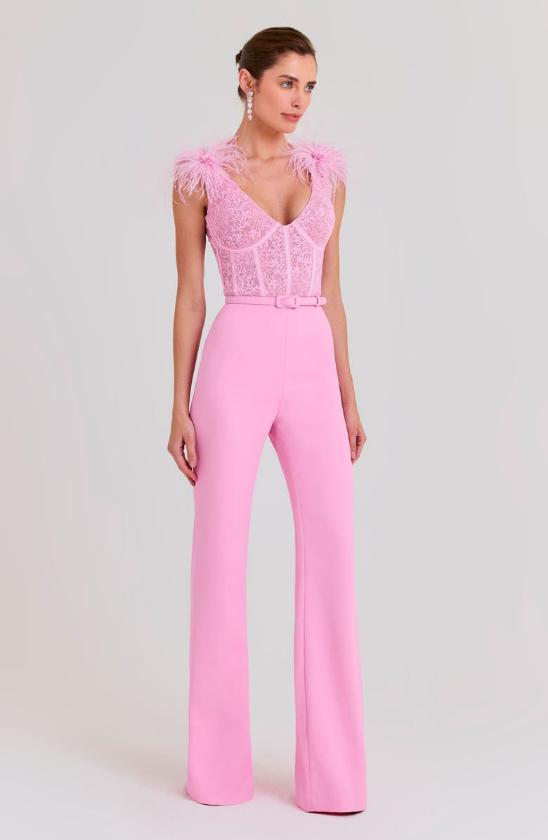 NADINE MERABI Ostrich Feather Lace Bodice Belted Jumpsuit | Nordstromrack