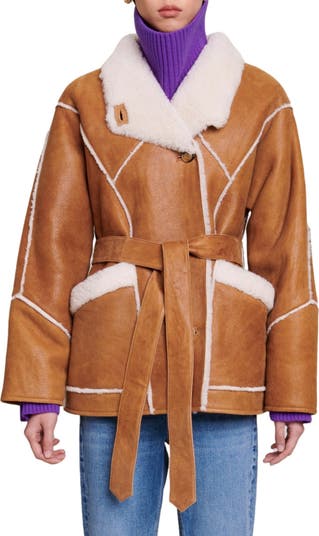 maje Belted Genuine Shearling Jacket | Nordstrom