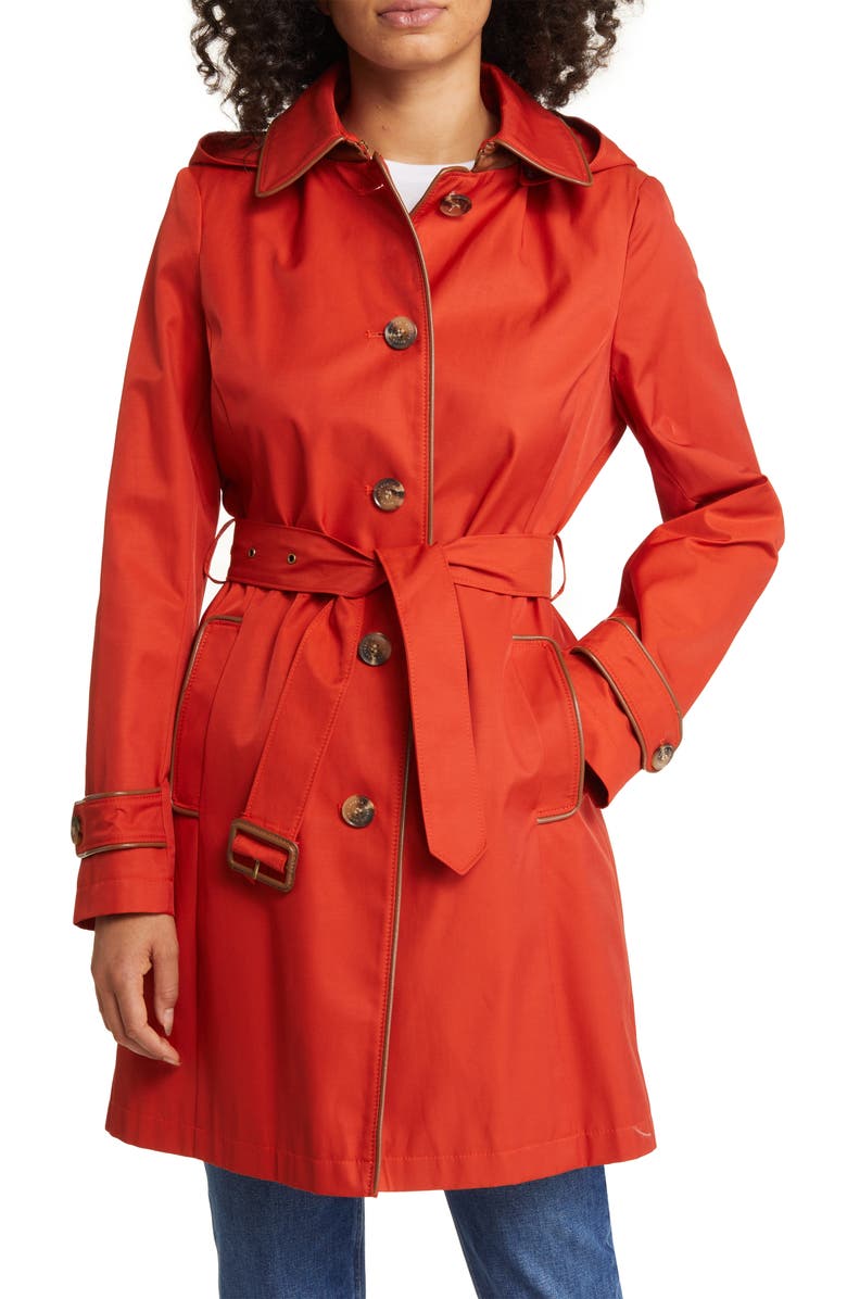 Lauren Ralph Lauren Hooded Belted Faux Leather Trim Trench Coat | Nordstrom