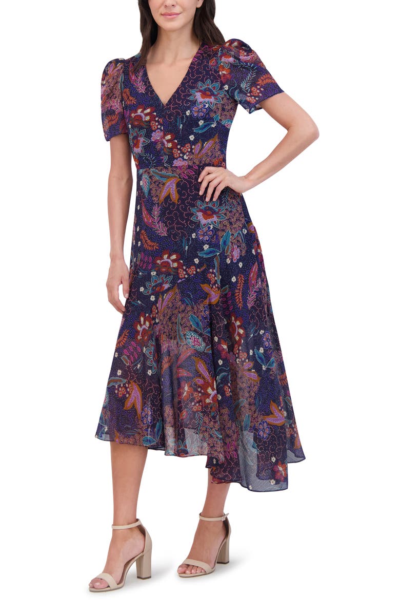 Vince Camuto Floral Puff Sleeve Asymmetric Chiffon Dress | Nordstromrack
