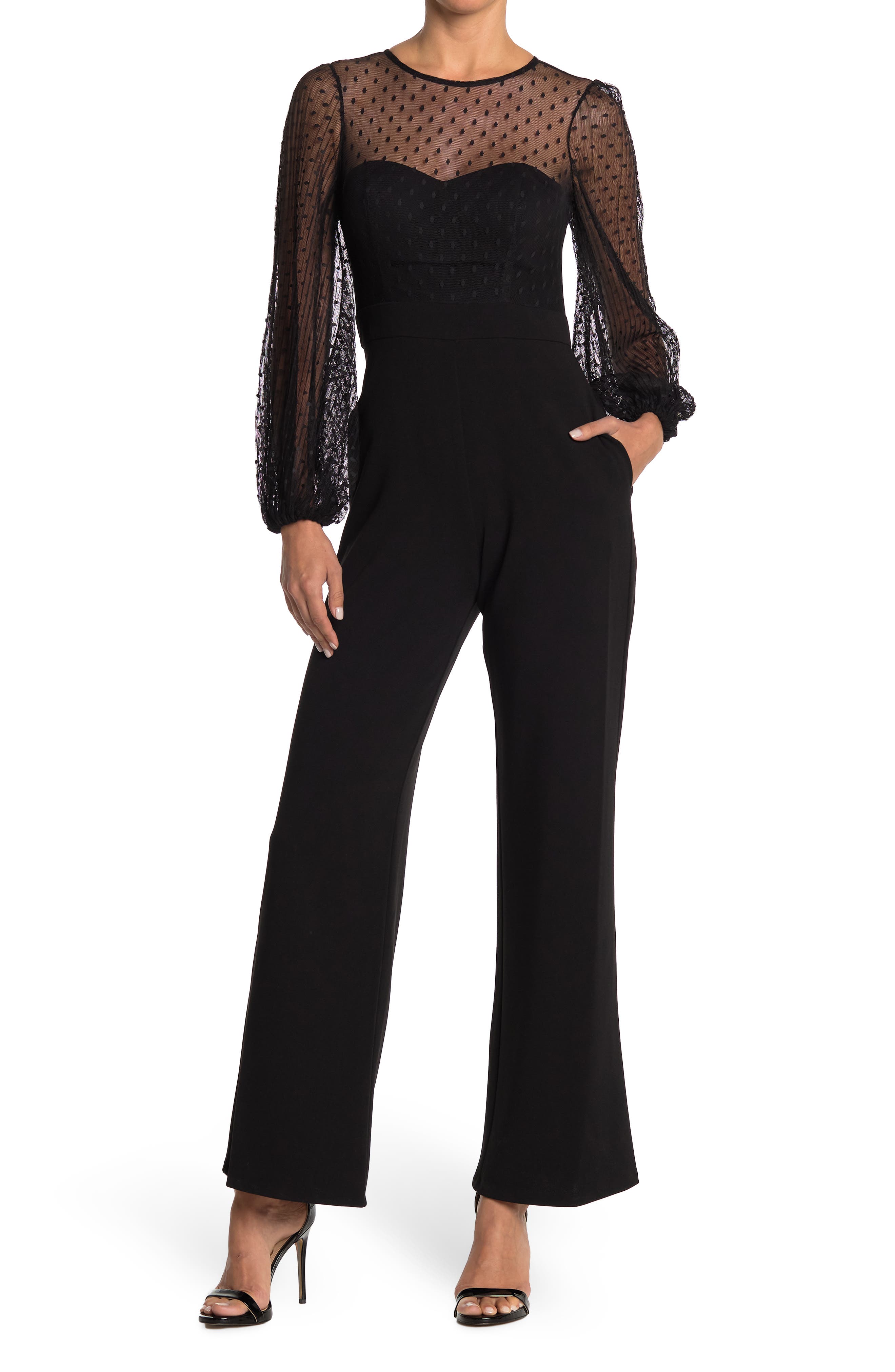 Eliza J Dotted Mesh Pleated Balloon Sleeve Jumpsuit | Nordstromrack