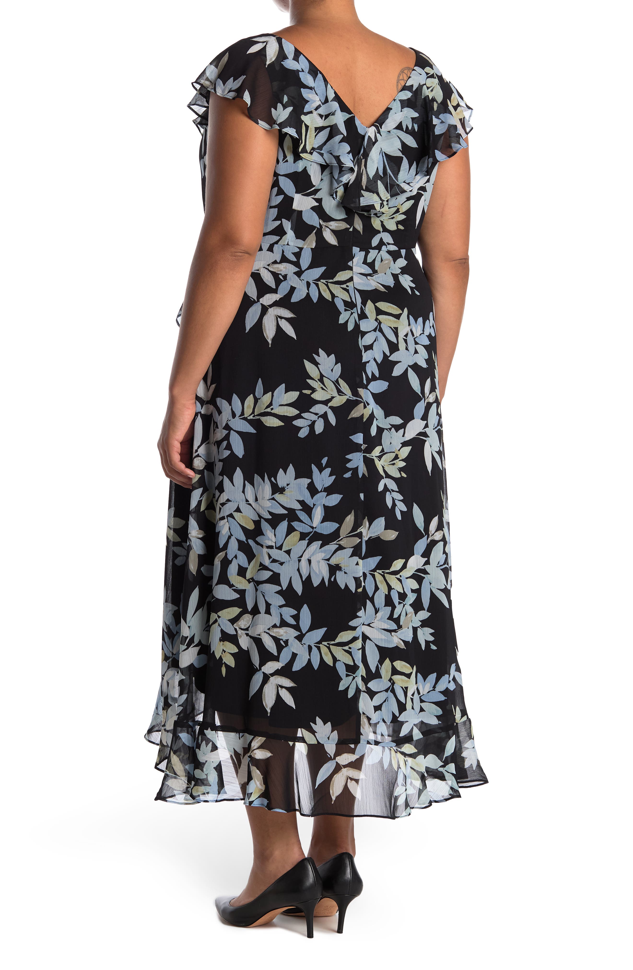 London Times Floating Leaves Short Sleeve Ruffle Hem Maxi Dress ...