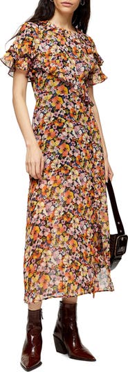 Topshop Ruffle Pansy Print Midi Dress | Nordstrom