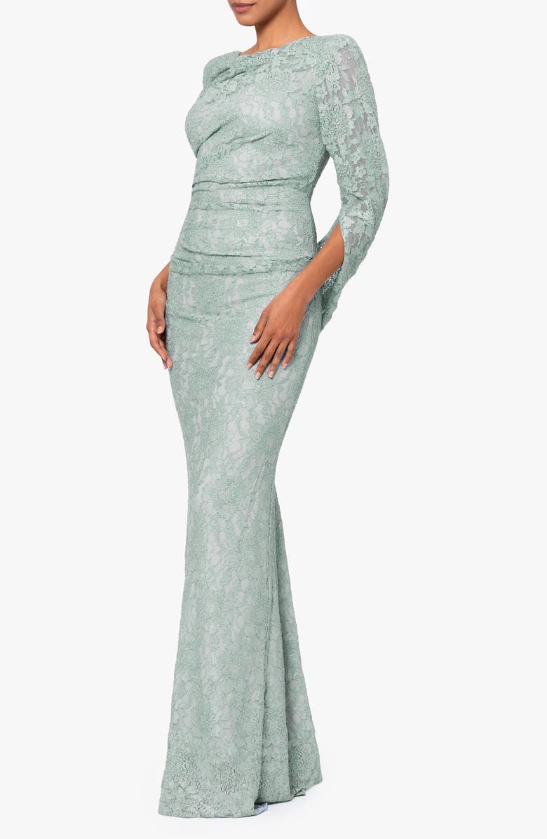 Betsy & Adam Drape Back Cape Sleeve Lace Trumpet Gown | Nordstromrack