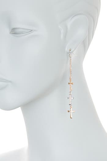 AREA STARS Mini Cross Triple Layer Tri-Tone Fringe Dangle Earrings ...