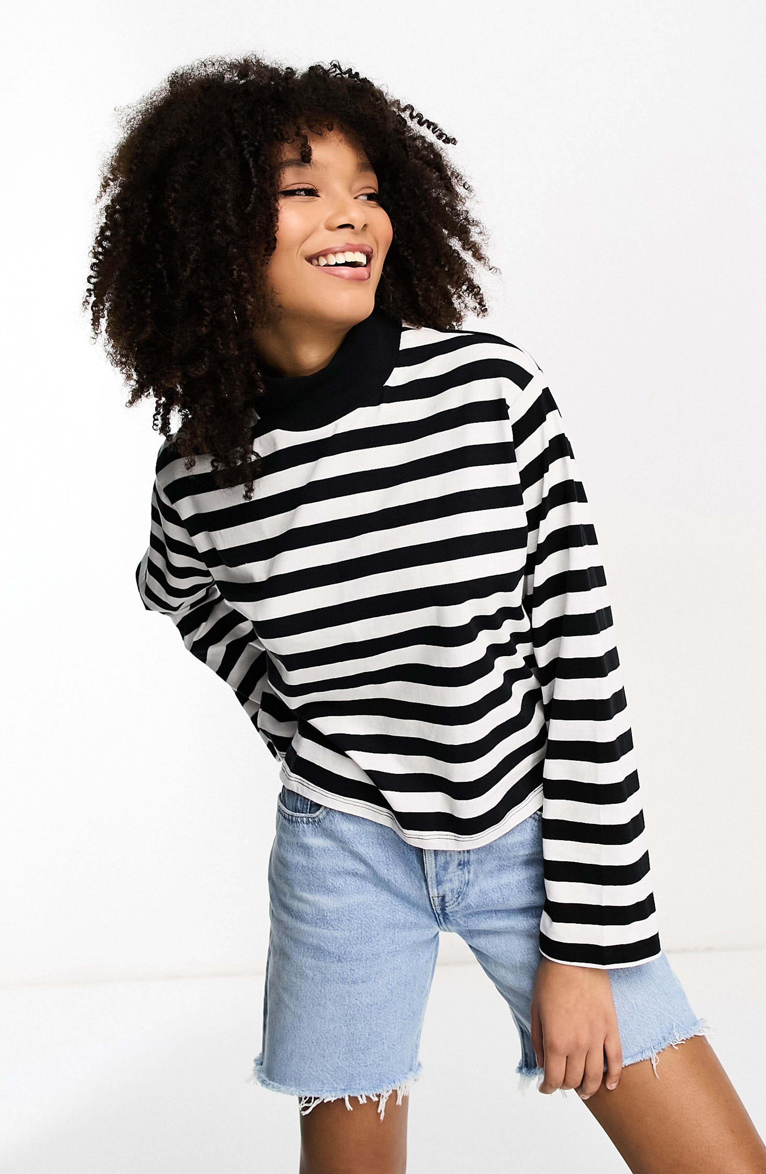 ASOS DESIGN Stripe High Neck Long Sleeve Cotton Top | Nordstromrack
